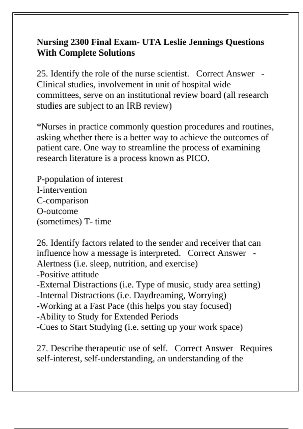 Nursing 2300 Final Exam- UTA Leslie Jennings Questions With Complete ...