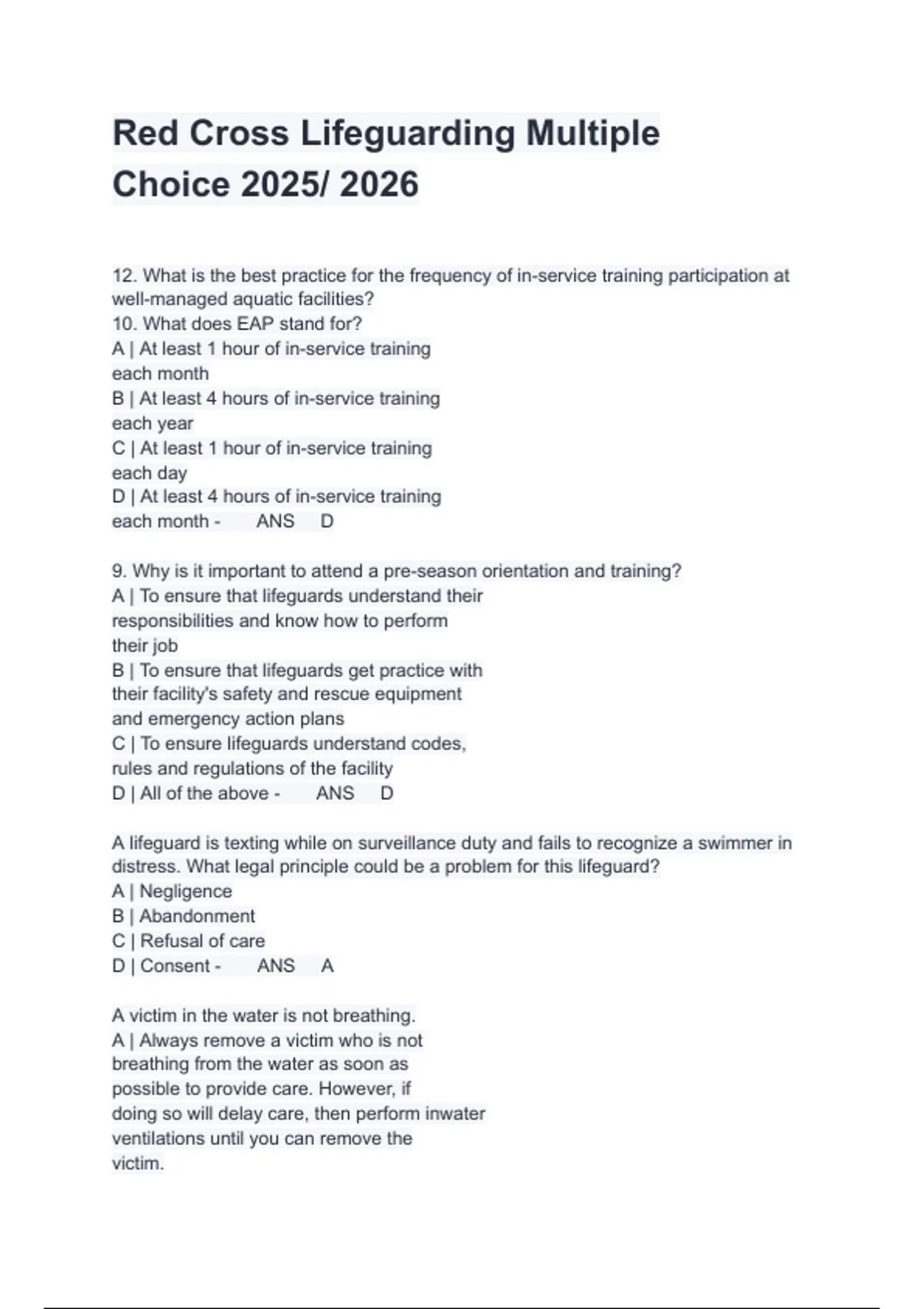 Red Cross Lifeguarding Multiple Choice Exam 2025/2026 – Q&A on EAP ...