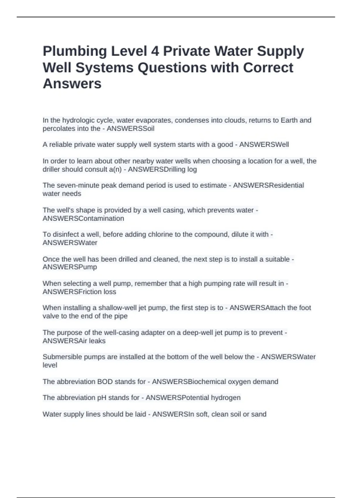 Plumbing Level 4 Private Water Supply Well Systems Questions with ...
