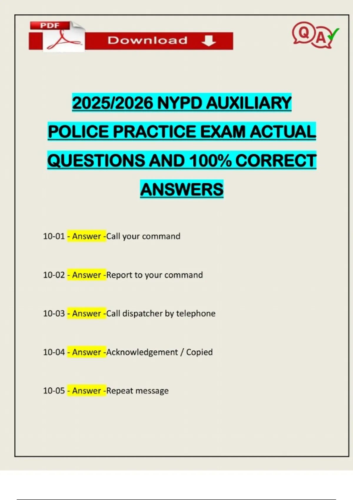 2025/2026 NYPD AUXILIARY POLICE PRACTICE EXAM ACTUAL QUESTIONS AND 100% ...