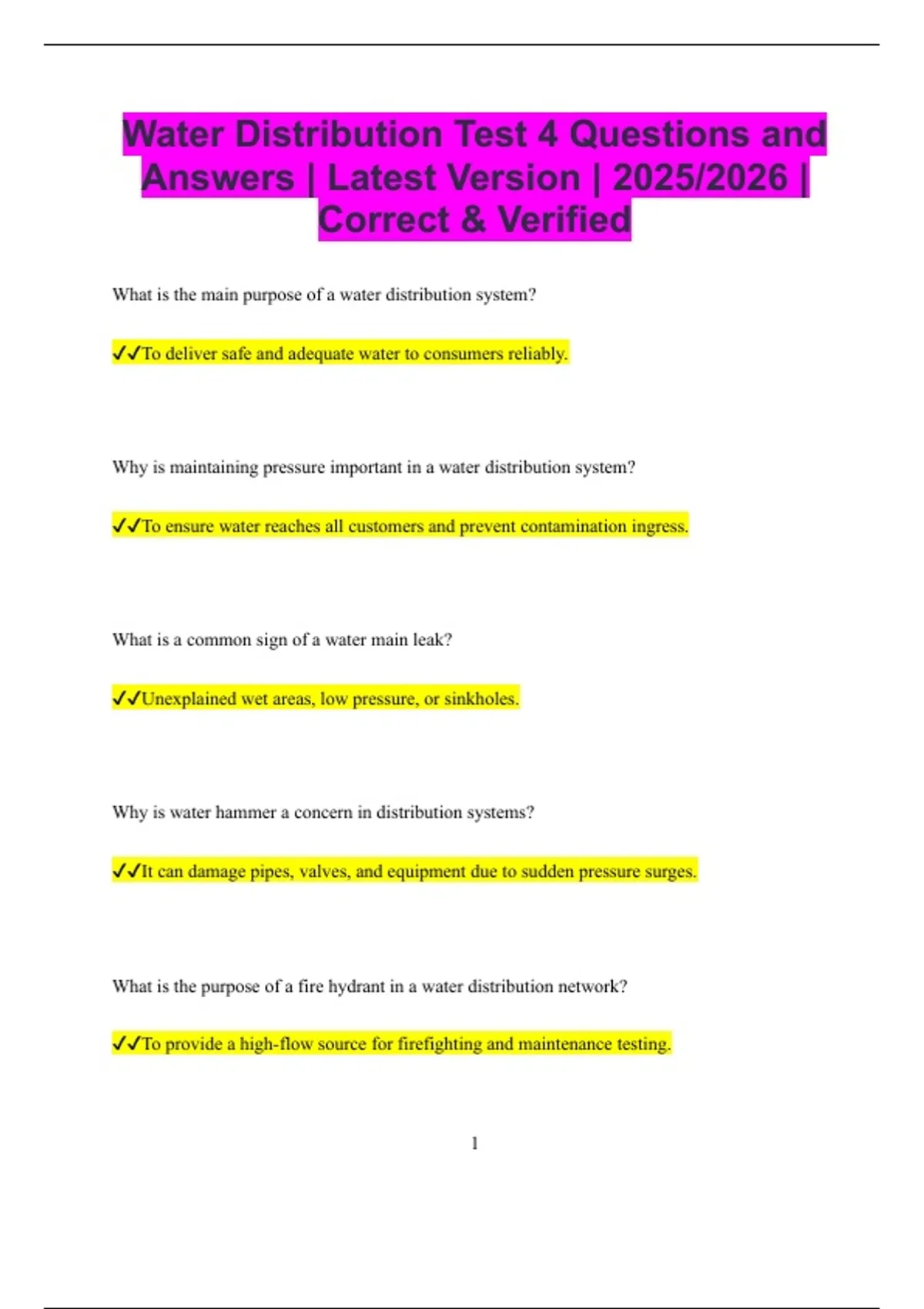 Water Distribution Test 4 Questions and Answers | Latest Version | 2025 ...
