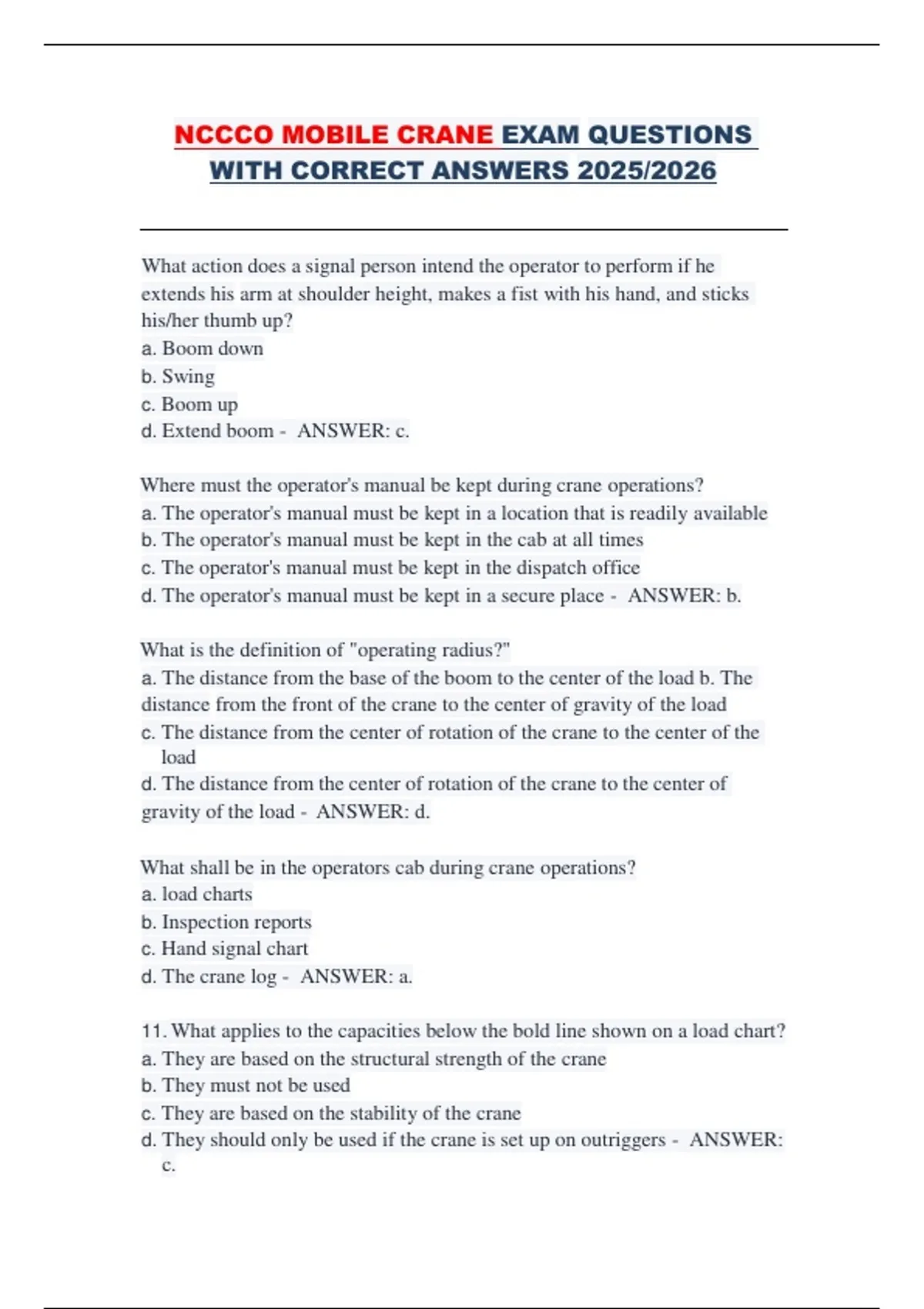 NCCCO Mobile Crane Exam – Questions with Correct Answers (2025/2026 ...