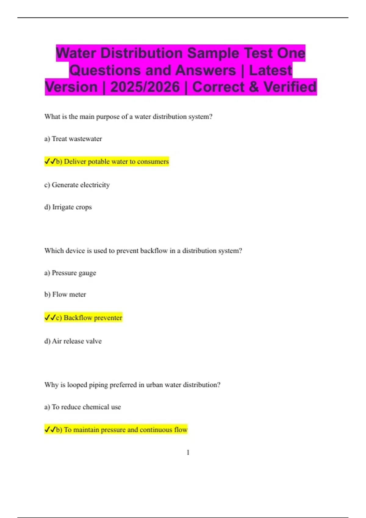 Water Distribution Sample Test One Questions and Answers | Latest ...