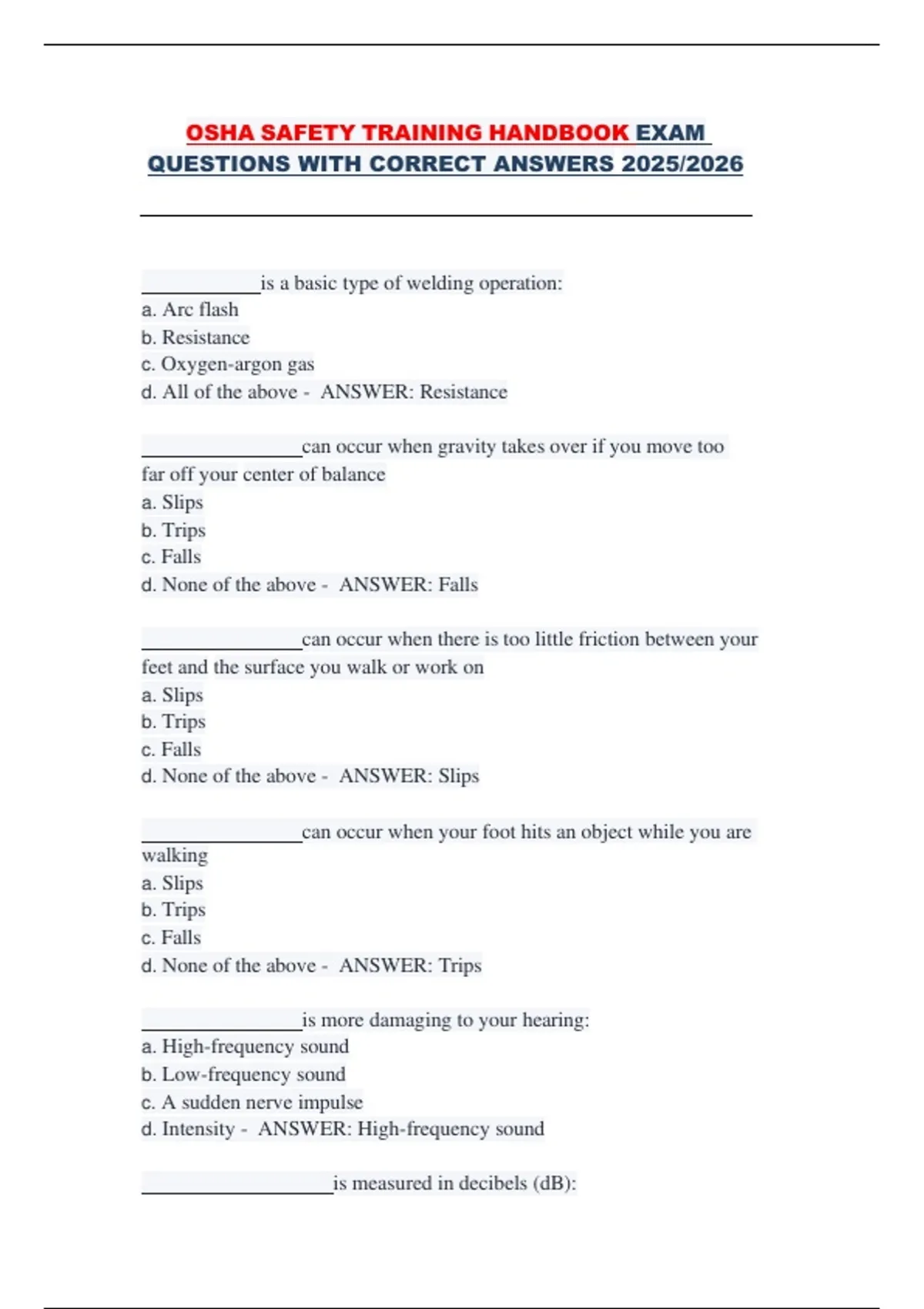 OSHA Safety Training Handbook – Exam Questions with Correct Answers ...