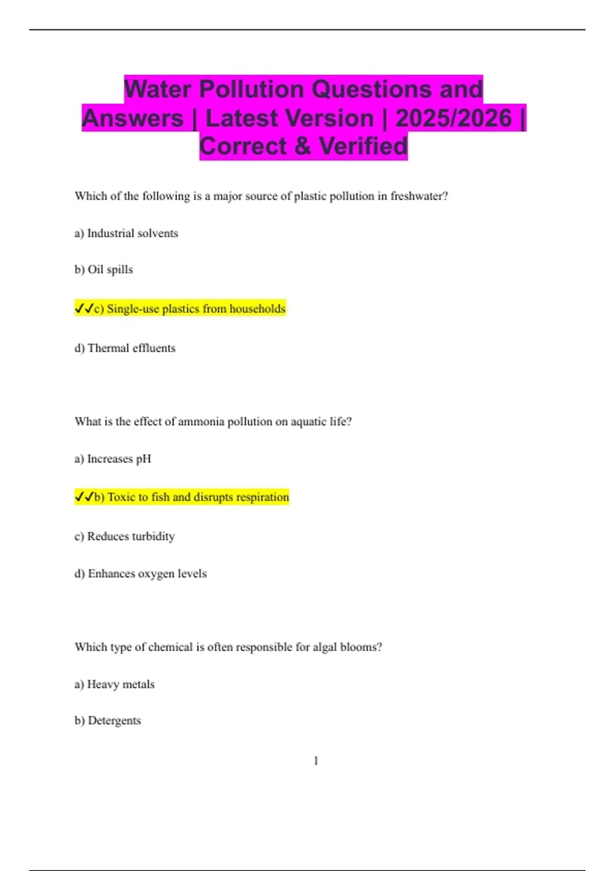 Water Pollution Questions and Answers | Latest Version | 2025/2026 ...