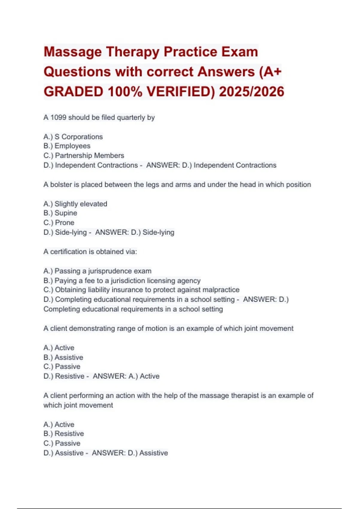 Massage Therapy Practice Exam Questions with correct Answers (A+ GRADED ...