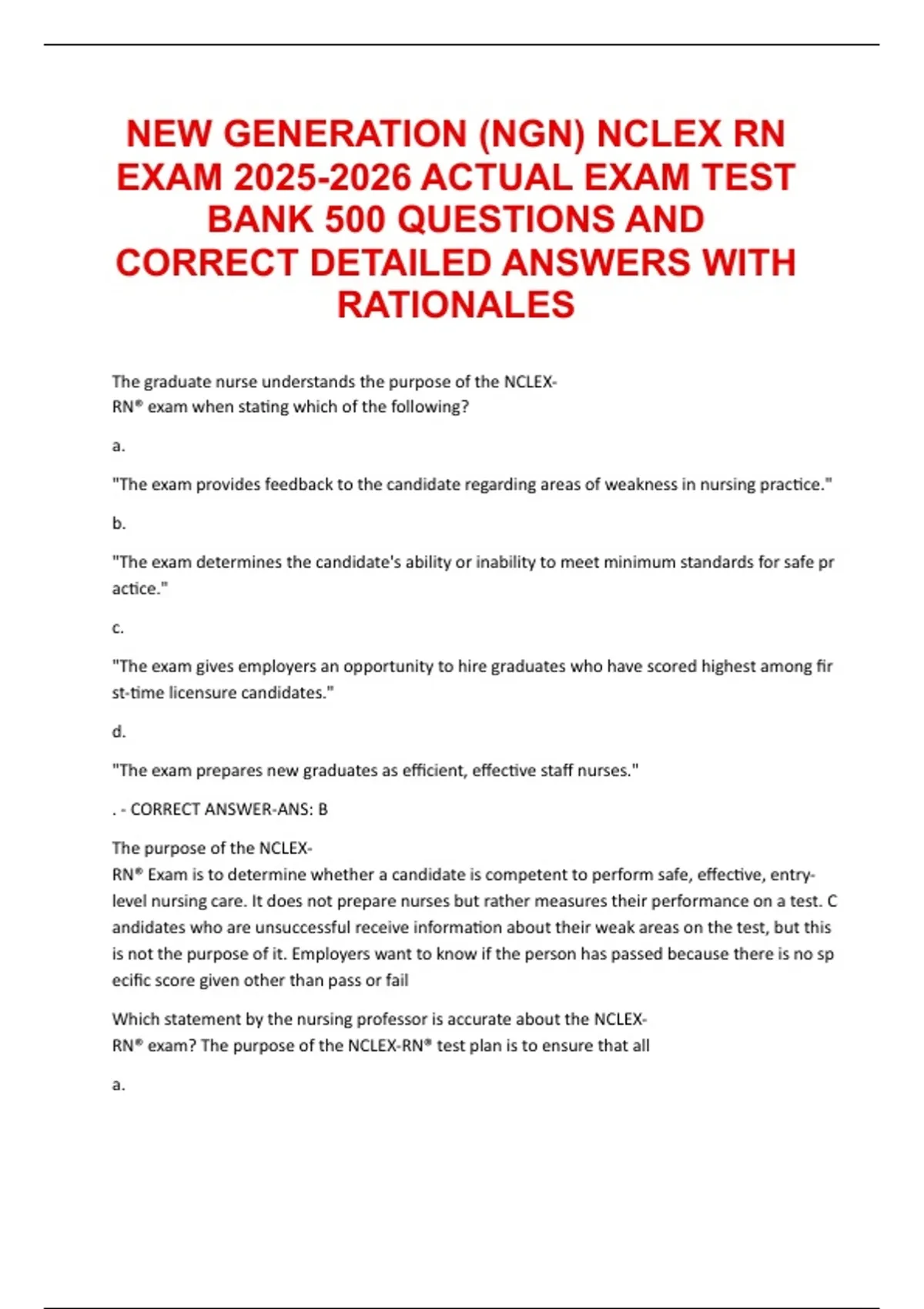 NEW GENERATION (NGN) NCLEX RN EXAM ACTUAL EXAM TEST BANK 500 QUESTIONS ...