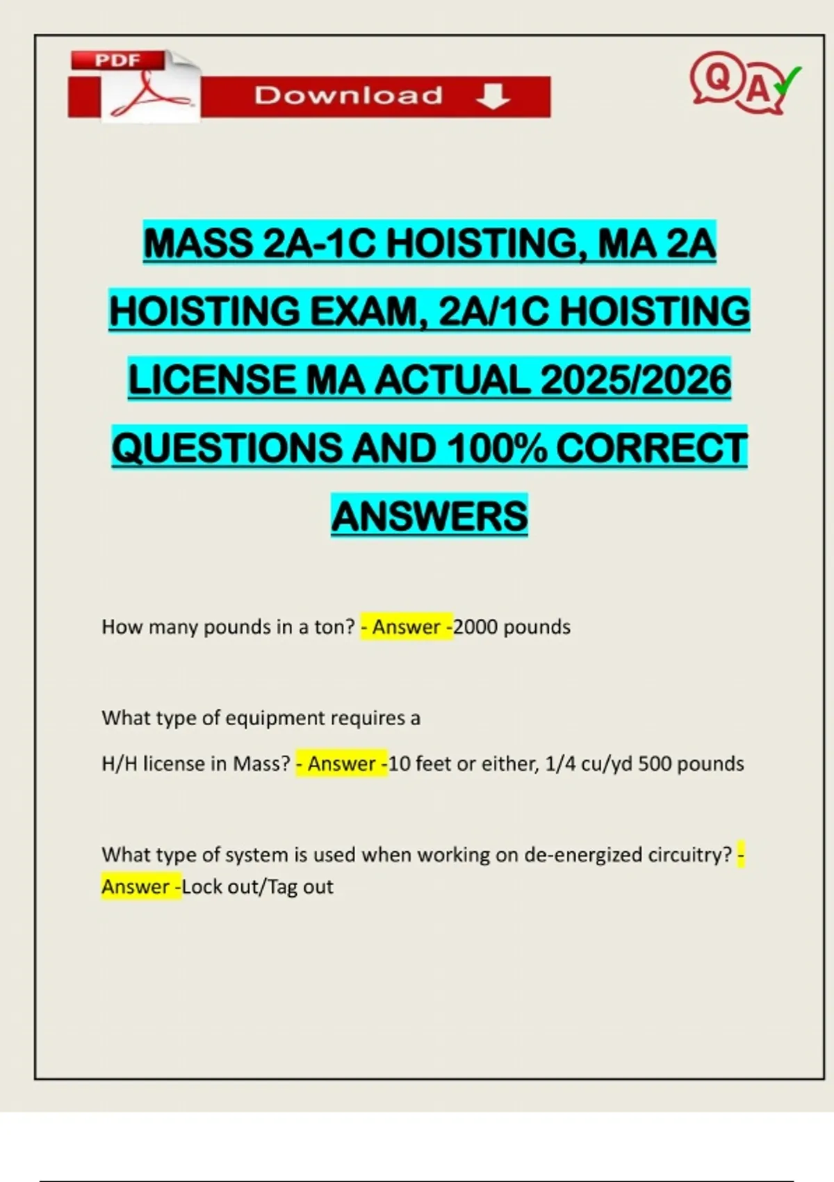 MASS 2A-1C HOISTING, MA 2A HOISTING EXAM, 2A/1C HOISTING LICENSE MA ...