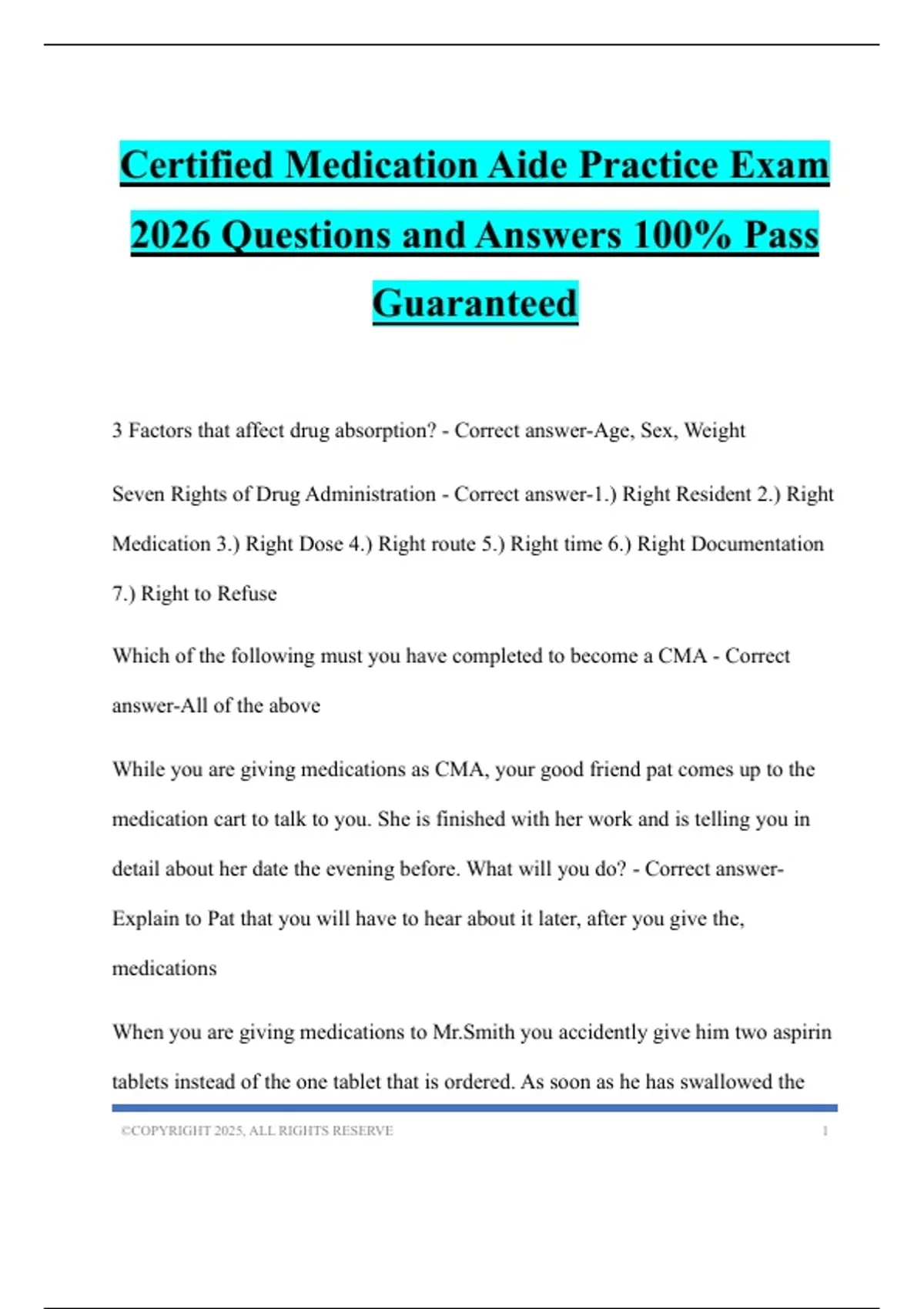 Certified Medication Aide Practice Exam 2026 Questions and Answers 100% ...