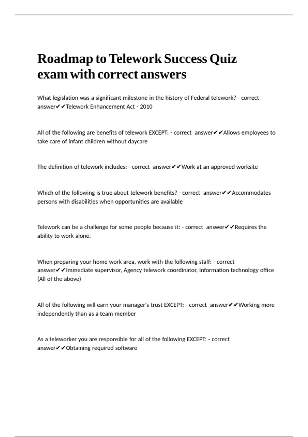Roadmap to Telework Success Quiz exam with correct answers - TTEC ...