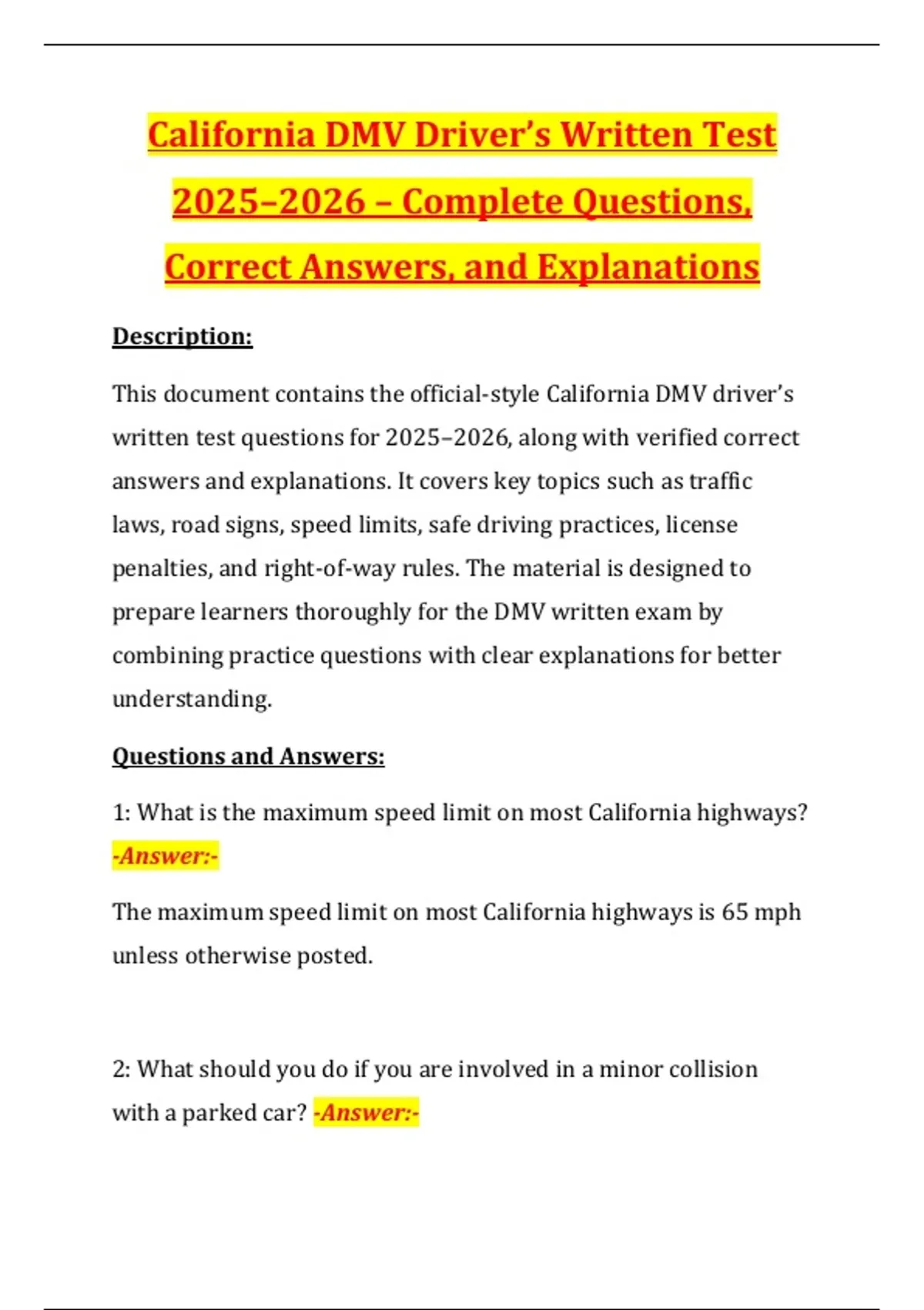 California DMV Driver’s Written Test 2025–2026 – Complete Questions ...