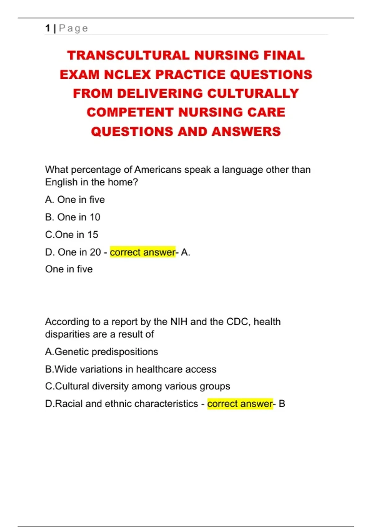 TRANSCULTURAL NURSING FINAL EXAM NCLEX PRACTICE QUESTIONS FROM DELIVERING CULTURALLY COMPETENT ...