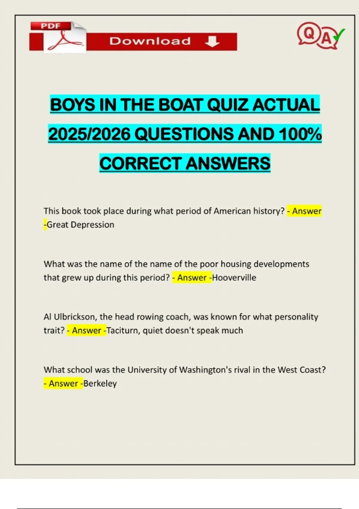 BOYS IN THE BOAT QUIZ ACTUAL 2025/2026 QUESTIONS AND 100% CORRECT ...