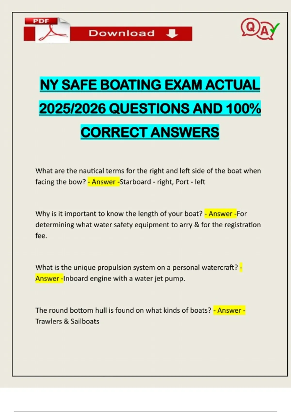 NY SAFE BOATING EXAM ACTUAL 2025/2026 QUESTIONS AND 100% CORRECT ...