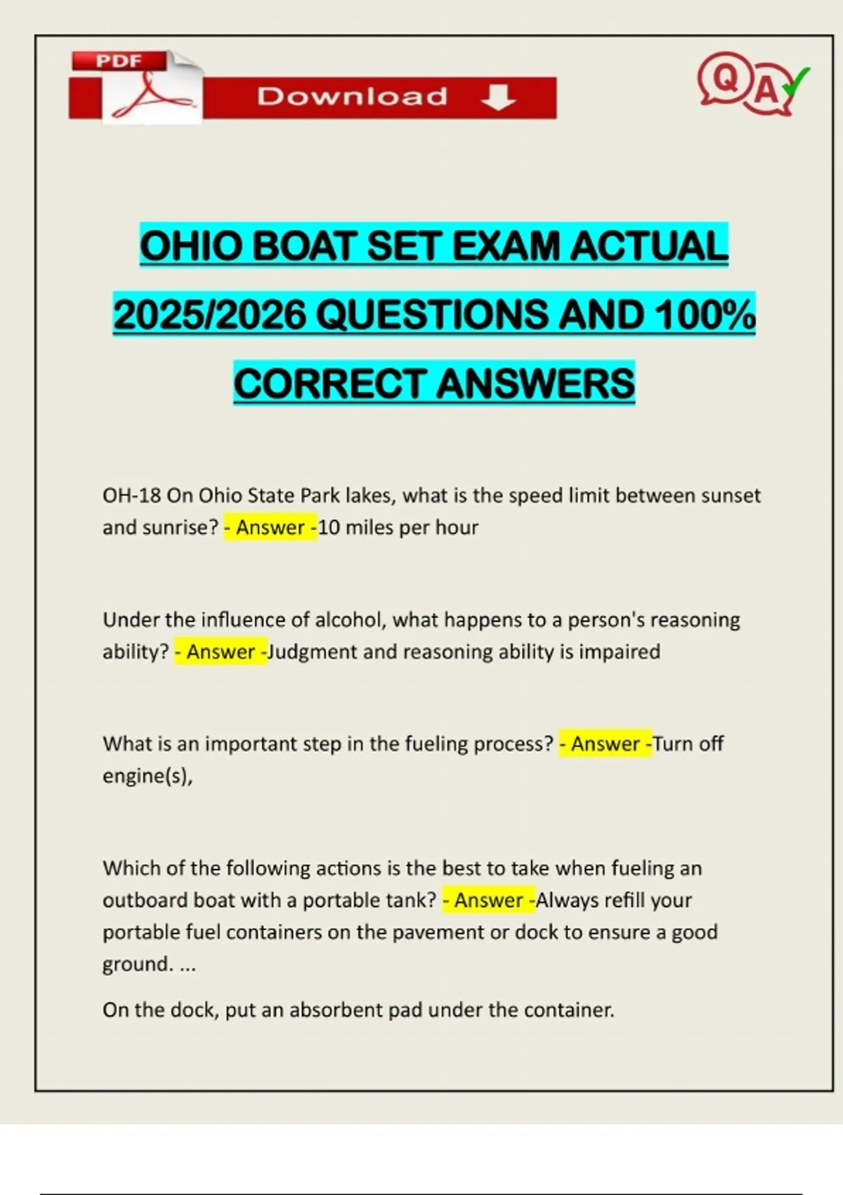 OHIO BOAT SET EXAM ACTUAL 2025/2026 QUESTIONS AND 100% CORRECT ANSWERS ...
