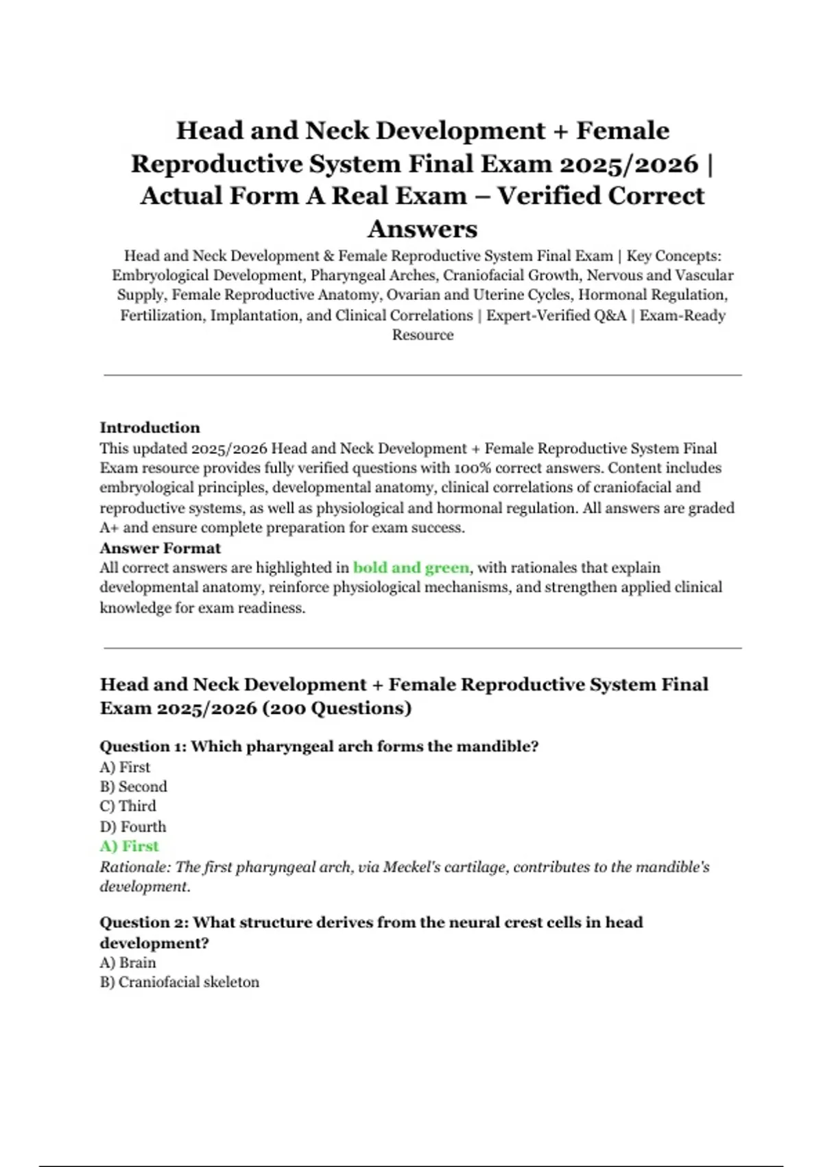 Head and Neck Development + Female Reproductive System Final Exam (2025 ...