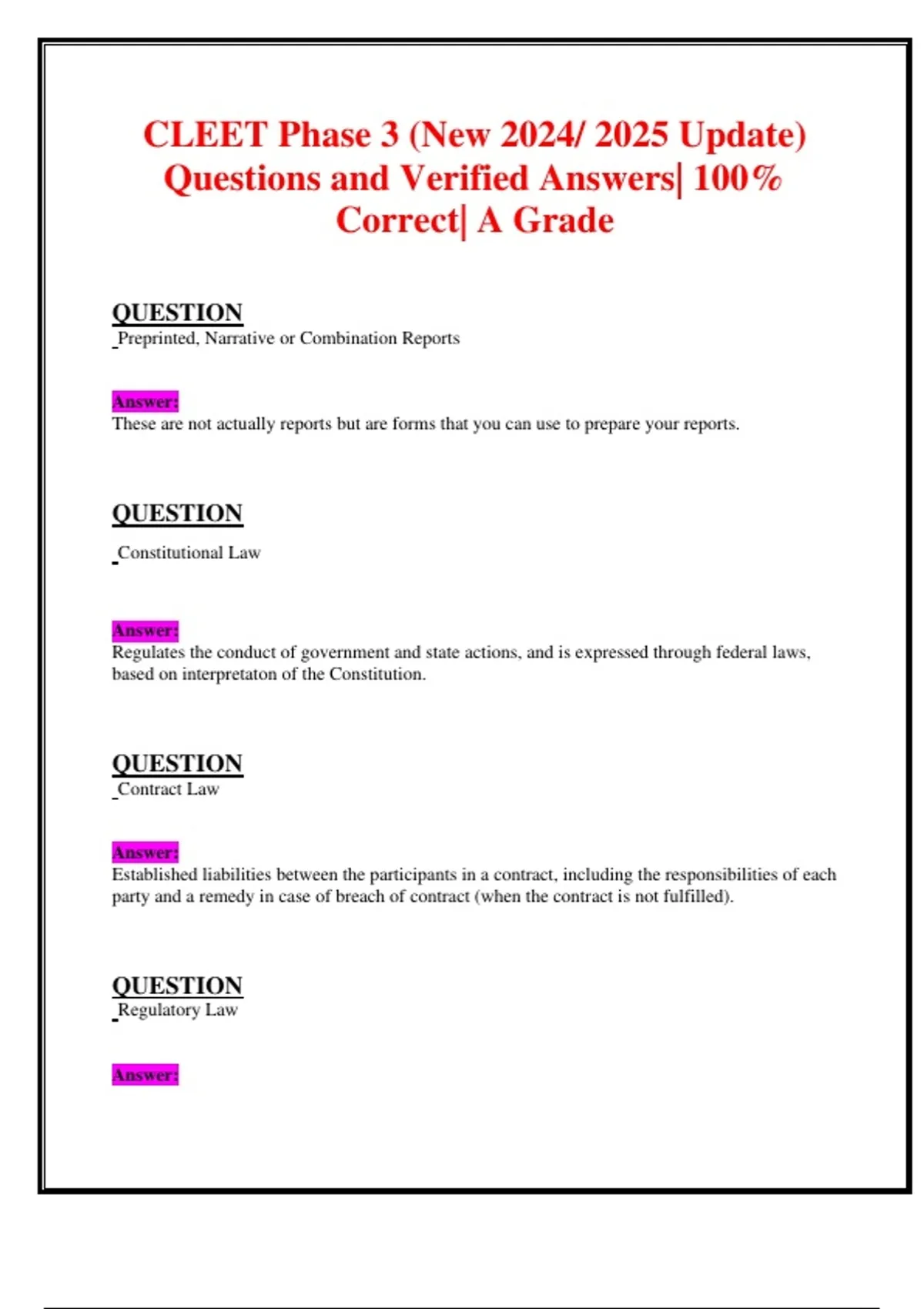 CLEET Phase 3 2025/2026 – Complete Test Bank, Verified Questions and ...