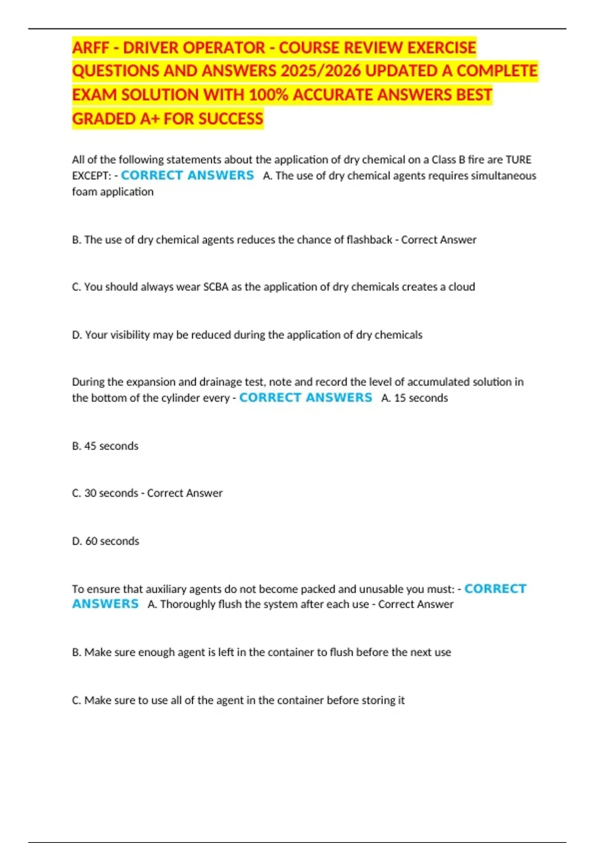 ARFF - DRIVER OPERATOR - COURSE REVIEW EXERCISE QUESTIONS AND ANSWERS ...