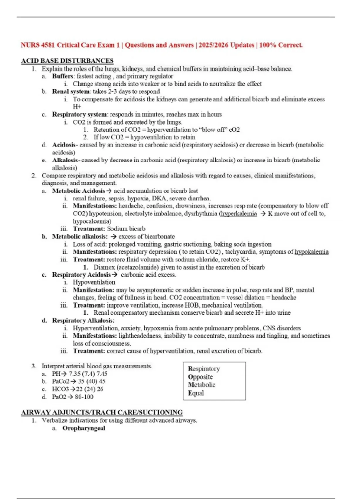 NURS 4581 Critical Care Exam 1 | Questions and Answers | 2025/2026 ...