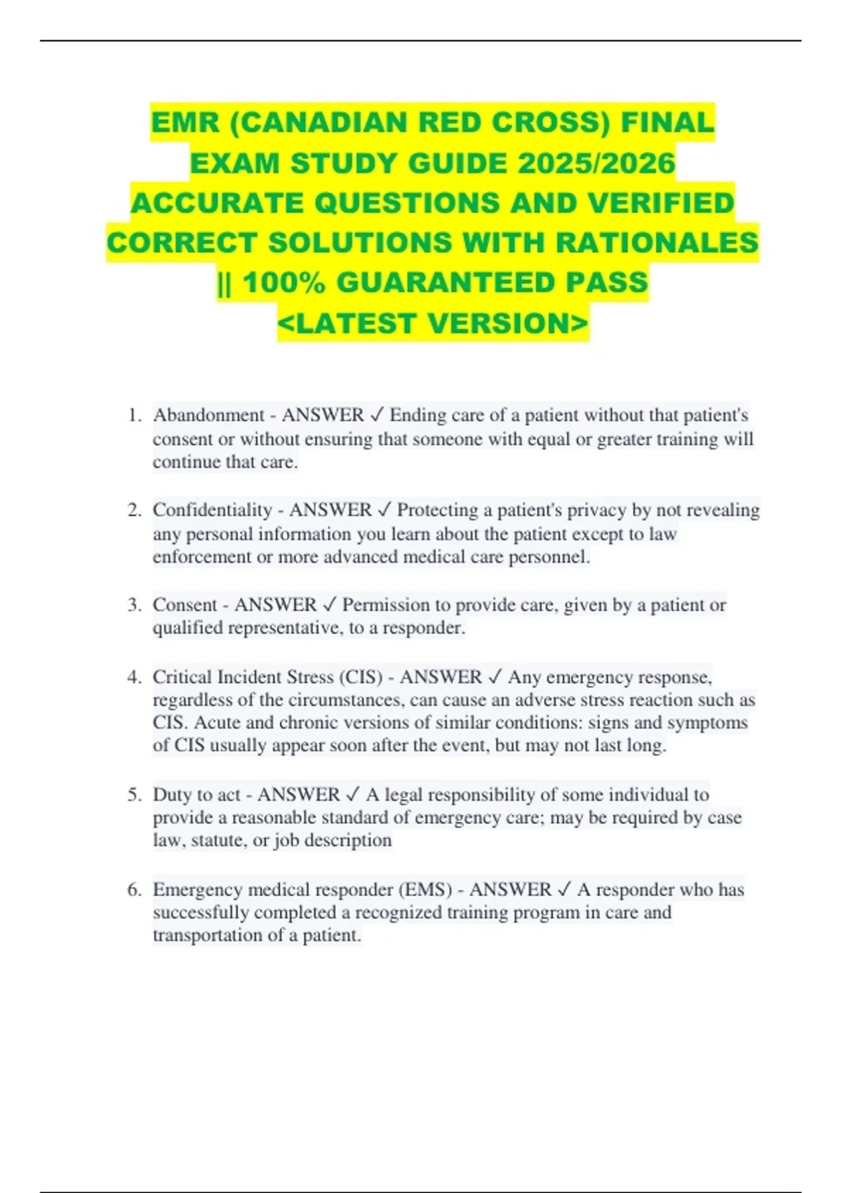 EMR (CANADIAN RED CROSS) FINAL EXAM STUDY GUIDE 2025/2026 ACCURATE ...