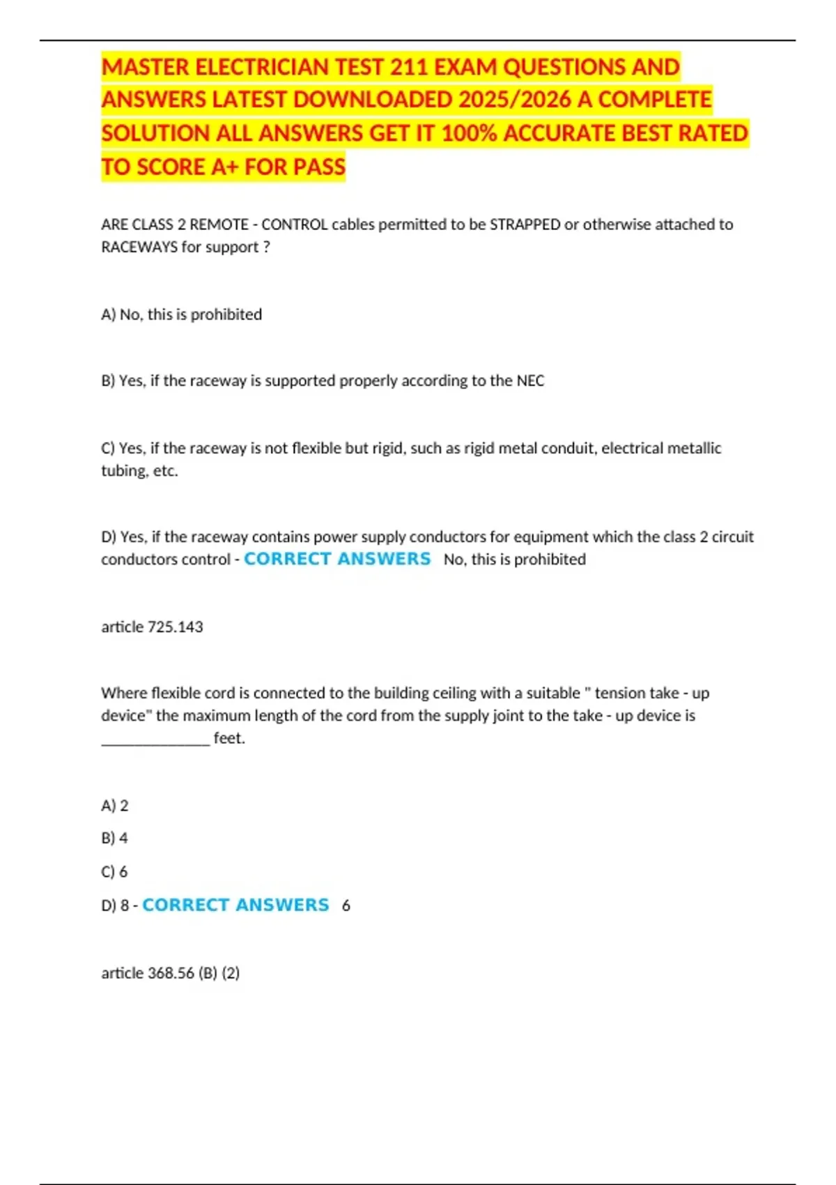 MASTER ELECTRICIAN TEST 211 EXAM QUESTIONS AND ANSWERS LATEST ...