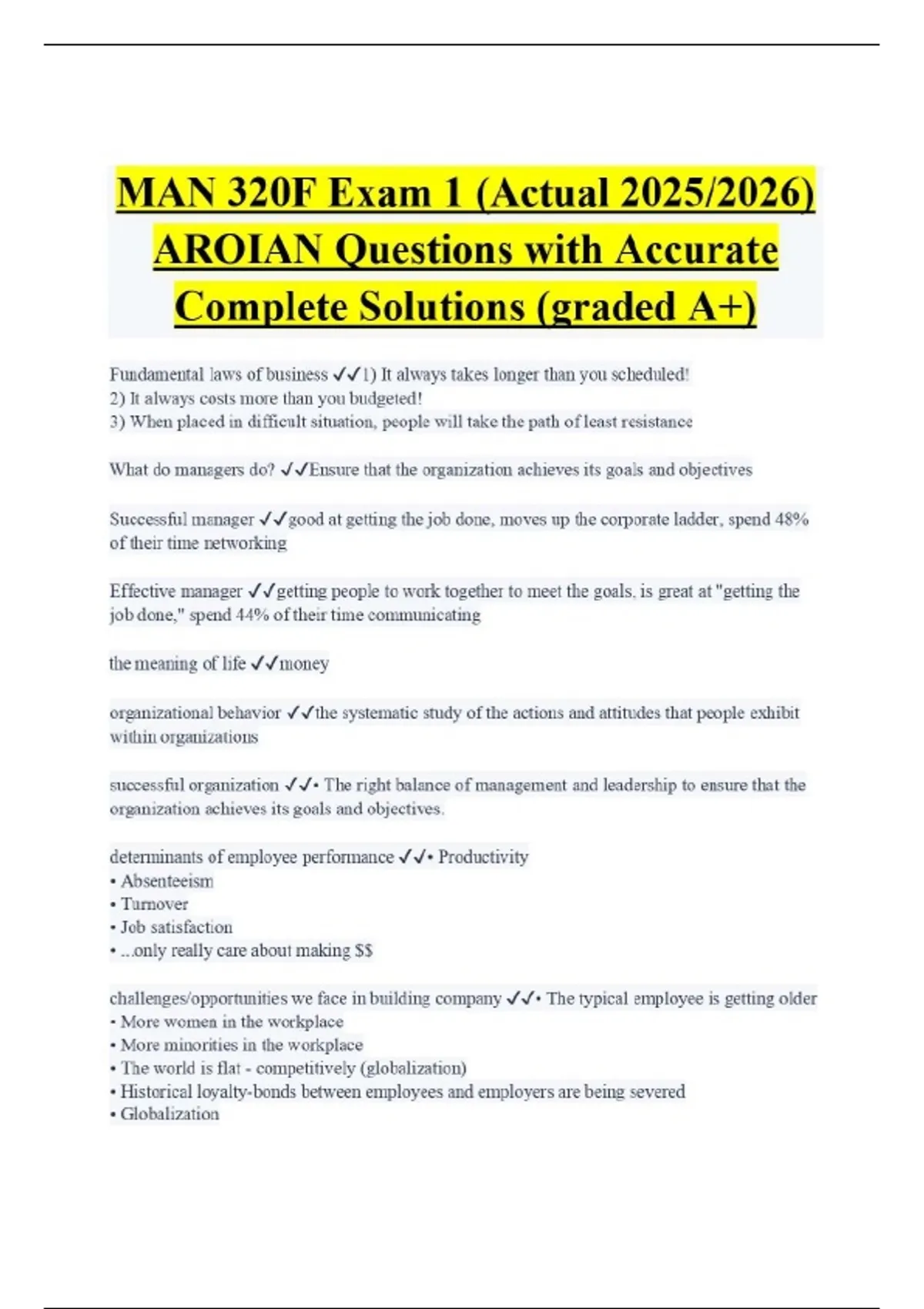 MAN 320F Exam 1 (Actual 2025/2026) AROIAN Questions with Accurate ...