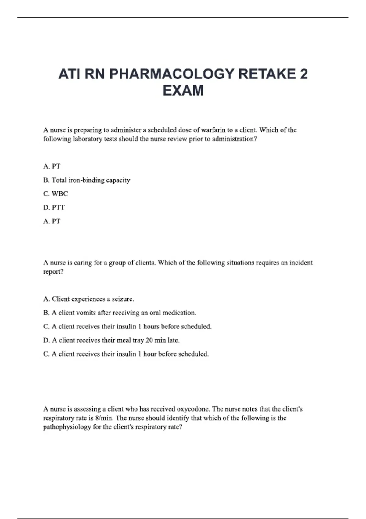 ATI RN Pharmacology Retake 2 Exam Questions with Solutions Test Bank ...