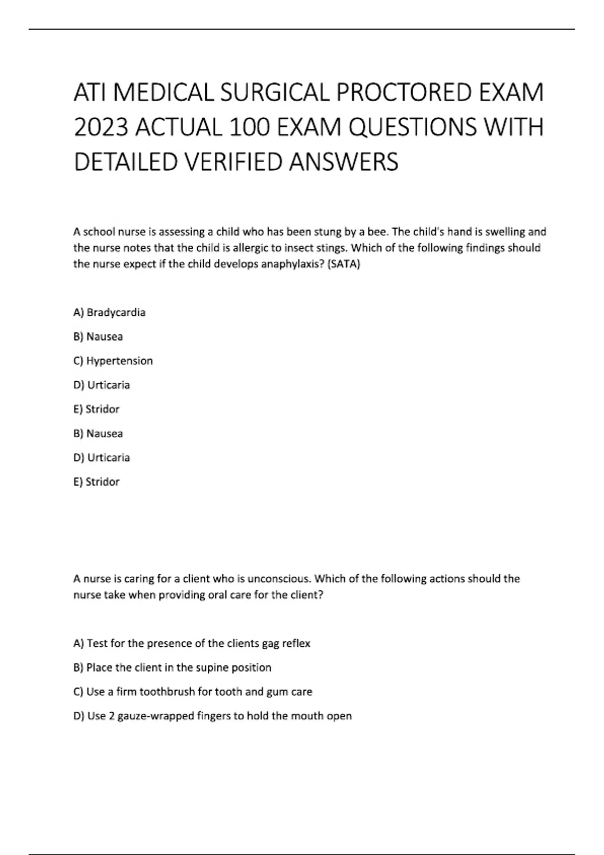 ATI Medical-Surgical Proctored Exam 2023 | 100 Verified Questions with ...