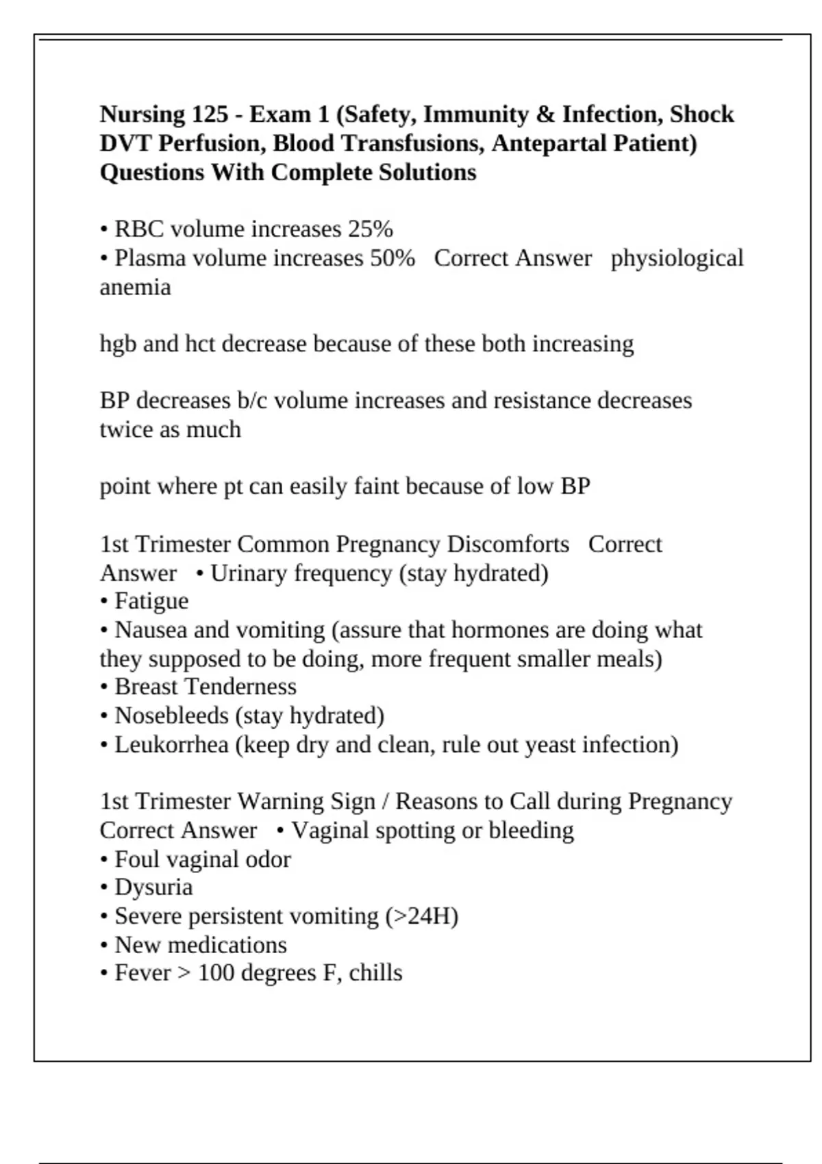Nursing 125 - Exam 1 (Safety, Immunity & Infection, Shock DVT Perfusion ...