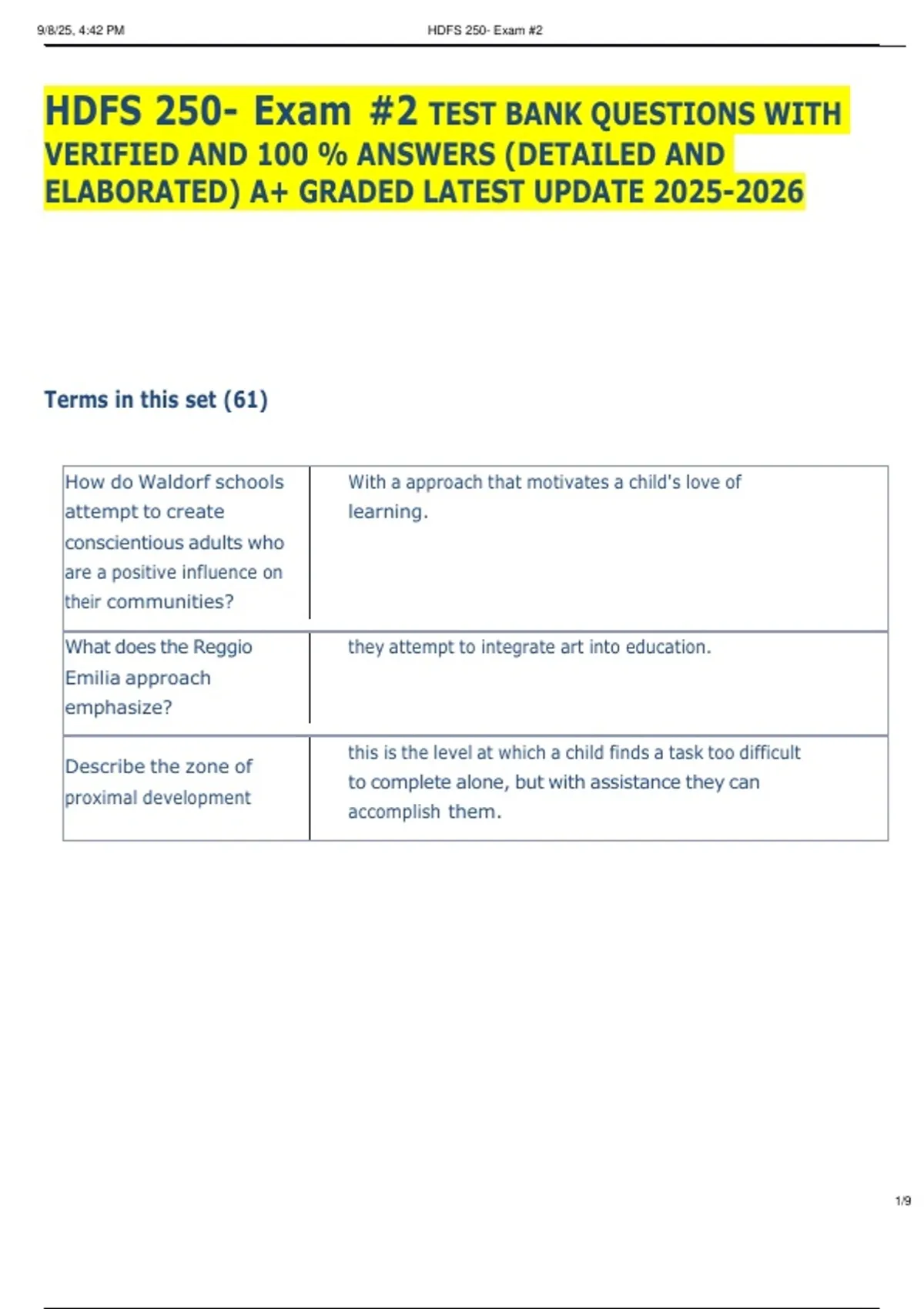 HDFS 250- Exam #2 TEST BANK QUESTIONS WITH VERIFIED AND 100 % ANSWERS ...