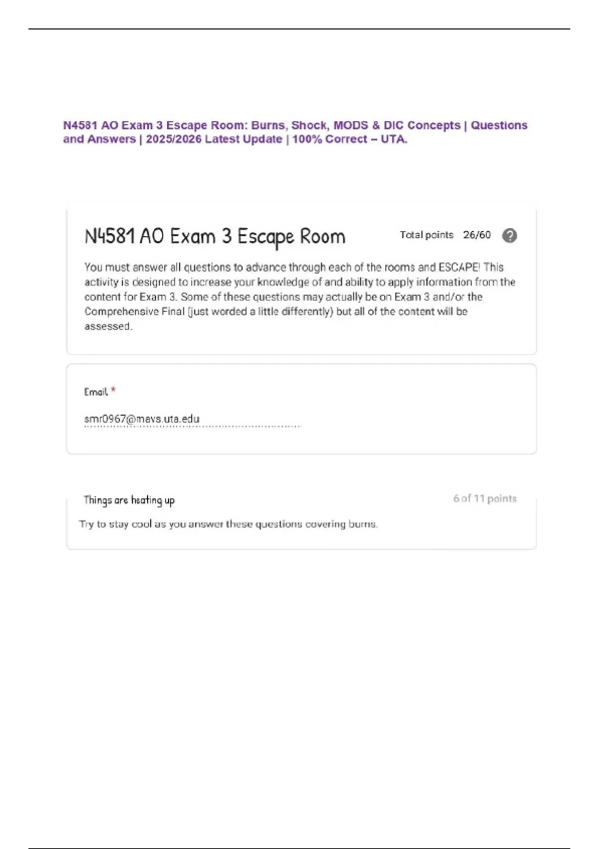 N4581 AO Exam 3 Escape Room: Burns, Shock, MODS & DIC Concepts ...