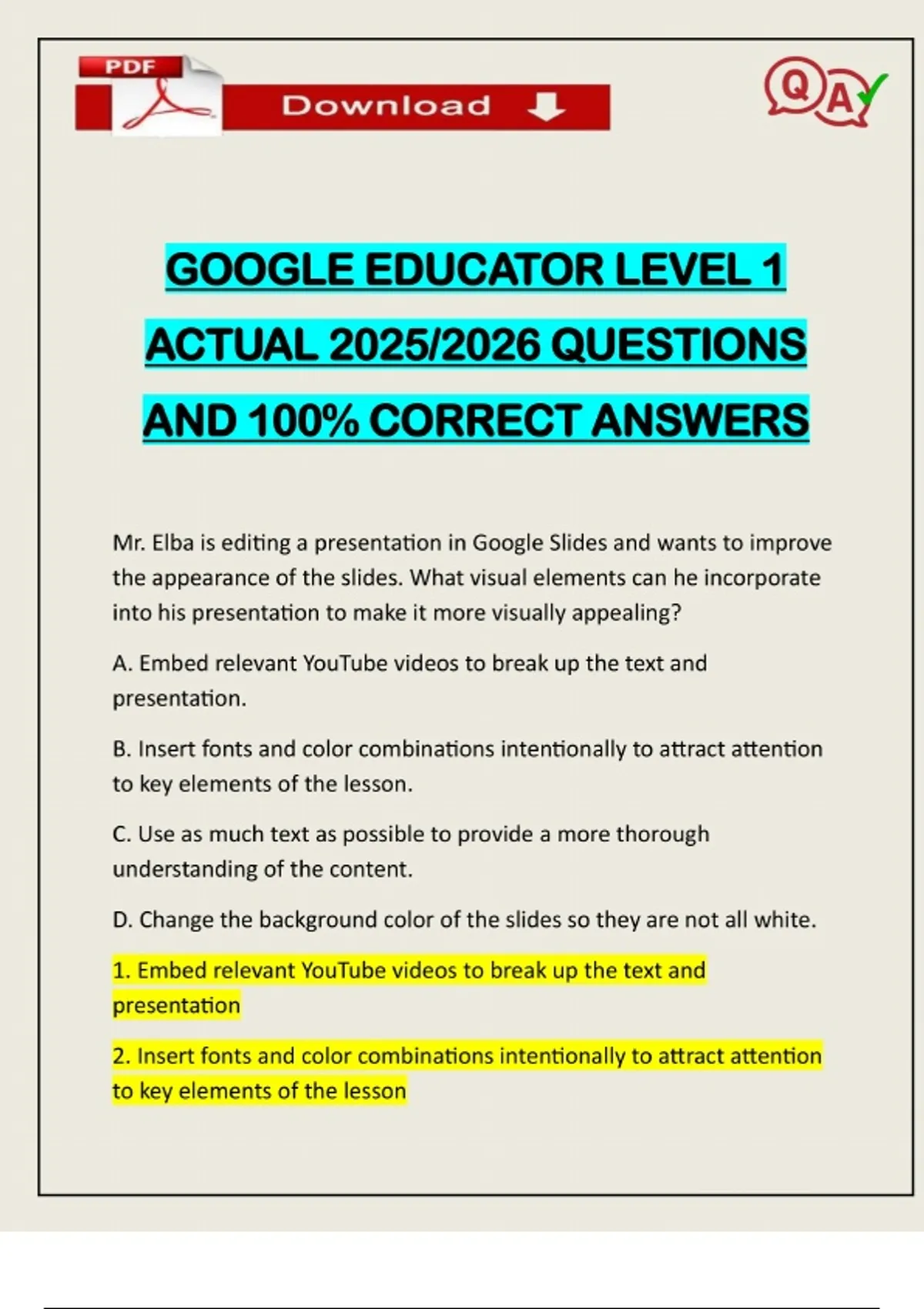 GOOGLE EDUCATOR LEVEL 1 ACTUAL 2025/2026 QUESTIONS AND 100% CORRECT ...