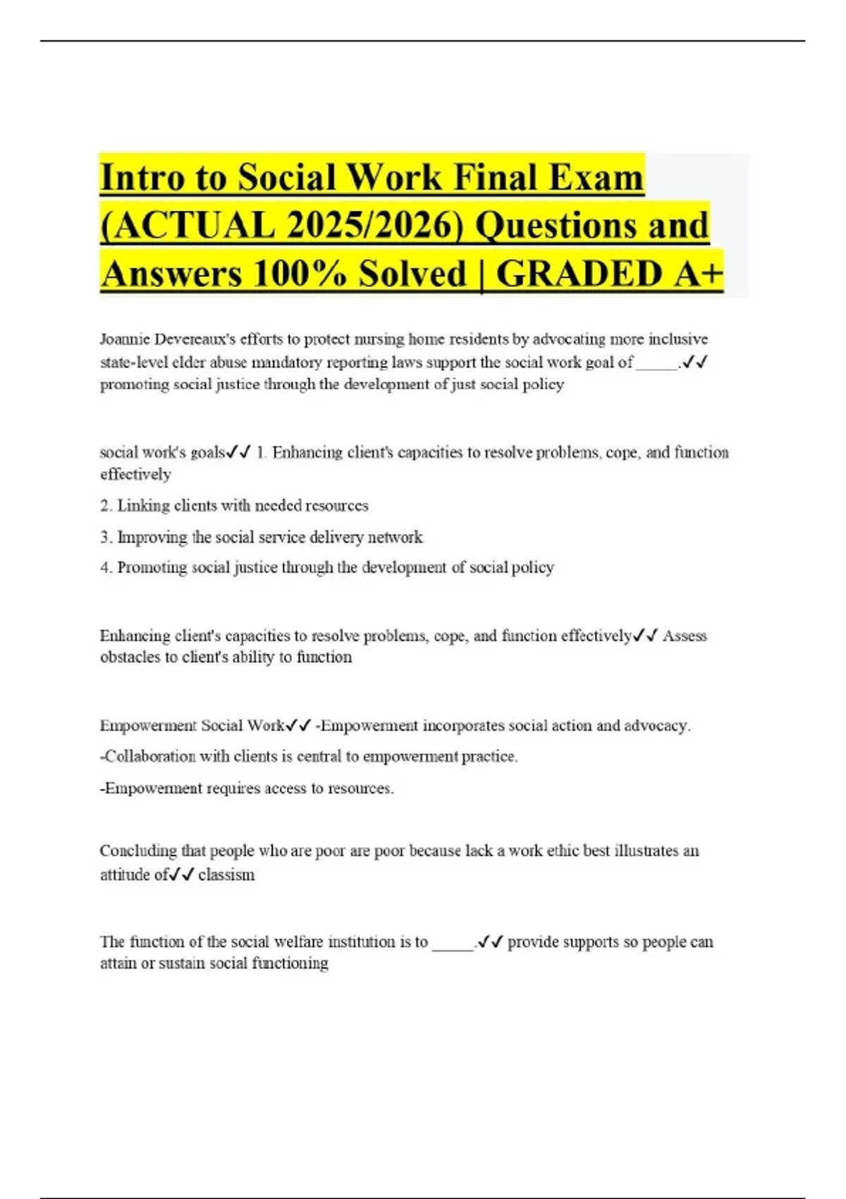 Intro to Social Work Final Exam (ACTUAL 2025/2026) Questions and ...