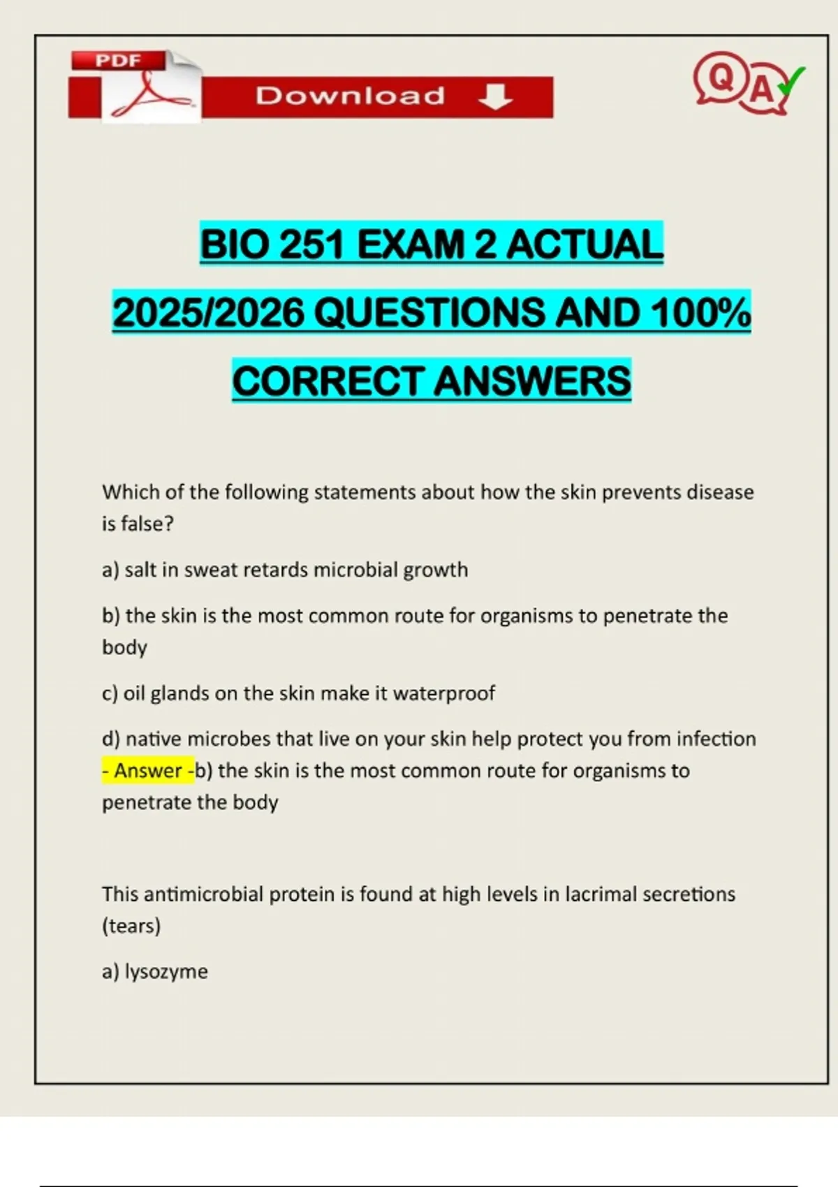 BIO 251 EXAM 2 ACTUAL 2025/2026 QUESTIONS AND 100% CORRECT ANSWERS ...