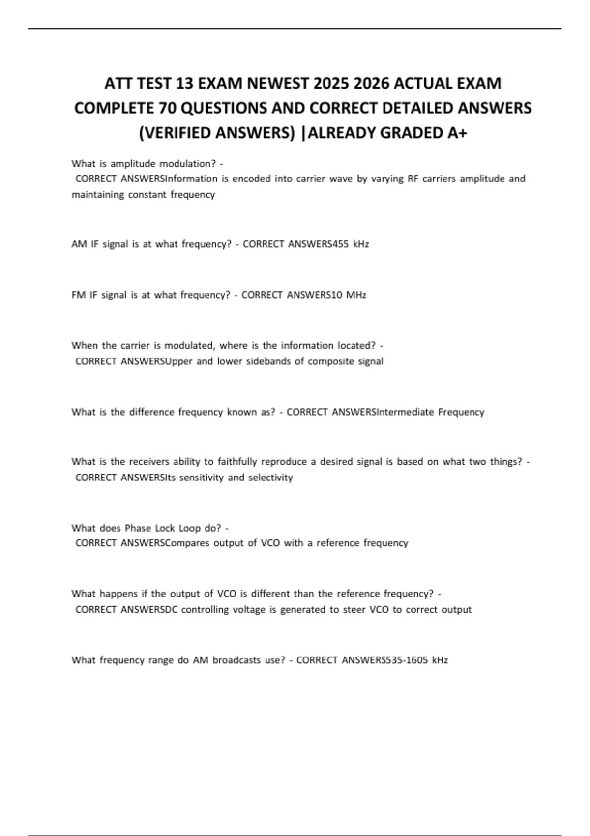 ATT TEST 13 EXAM NEWEST ACTUAL EXAM COMPLETE 70 QUESTIONS AND CORRECT ...