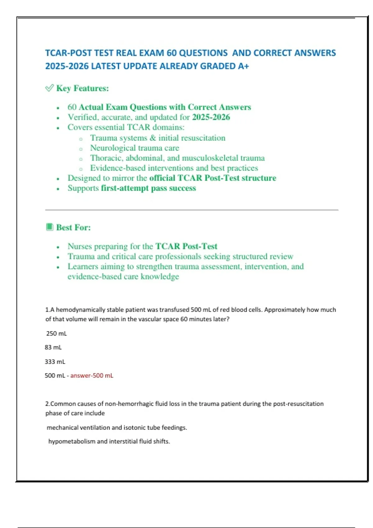 TCAR-POST TEST REAL EXAM 60 QUESTIONS AND CORRECT ANSWERS LATEST UPDATE ...
