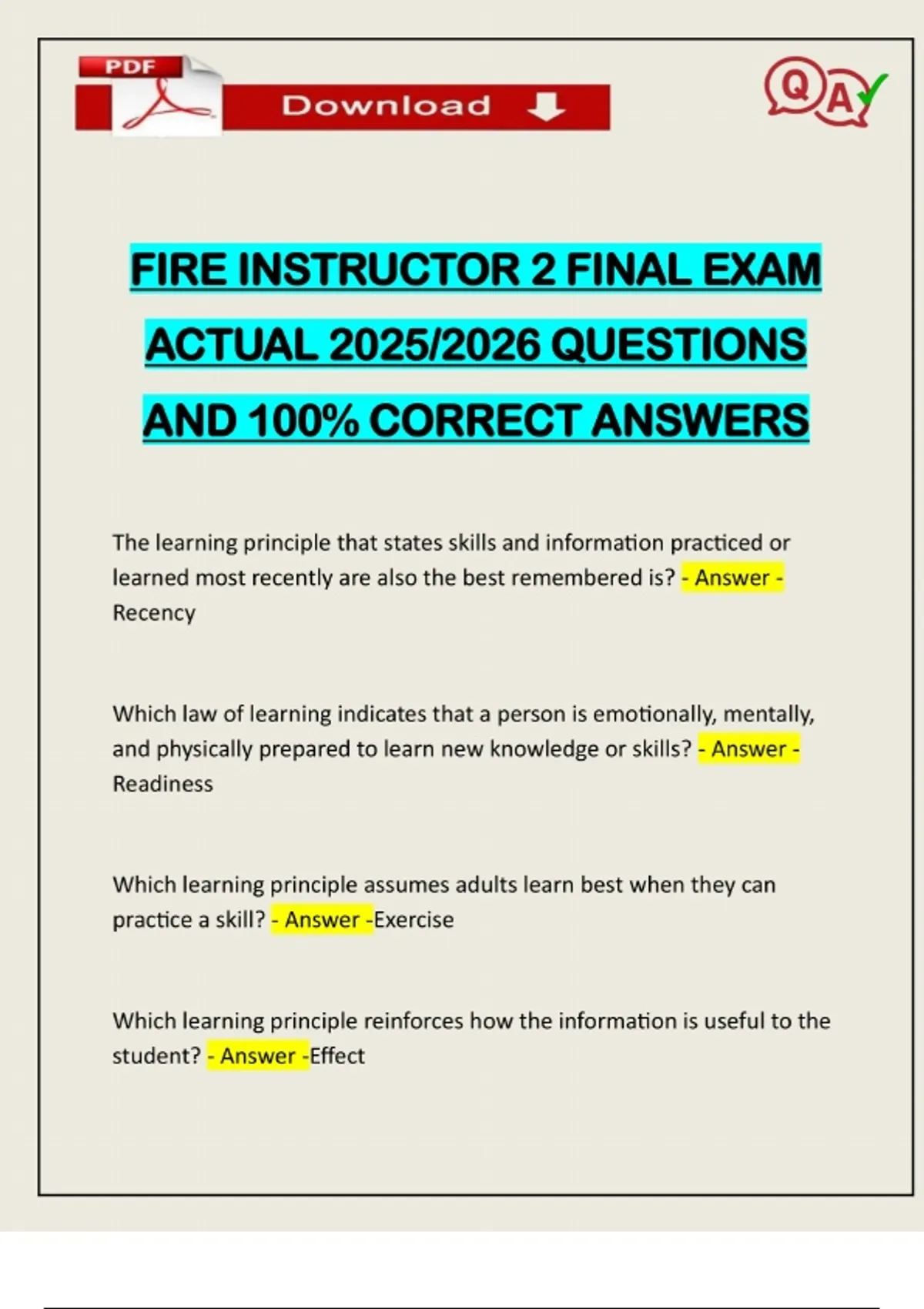 FIRE INSTRUCTOR 2 FINAL EXAM ACTUAL 2025/2026 QUESTIONS AND 100% ...