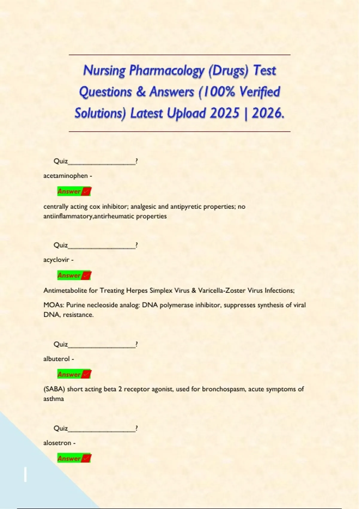 Nursing Pharmacology (Drugs) Test Questions & Answers (100% Verified ...