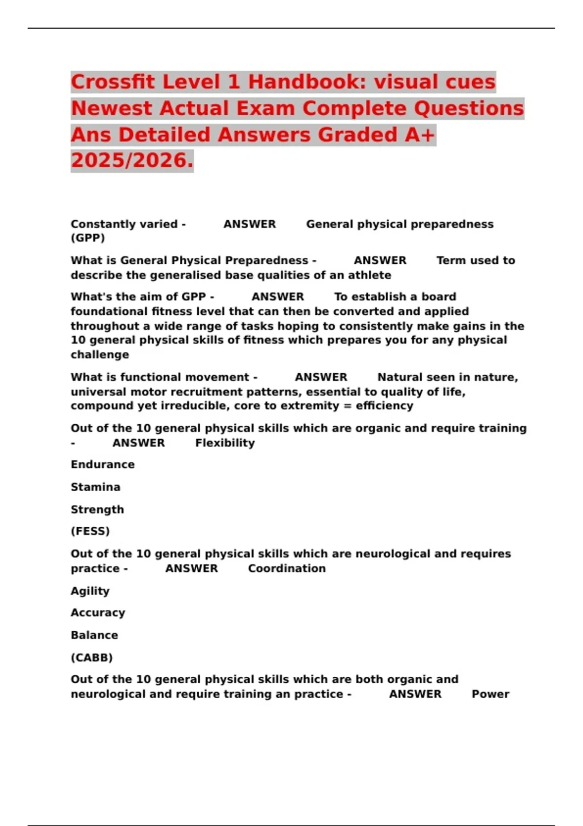 Crossfit Level 1 Handbook: visual cues Newest Actual Exam Complete ...