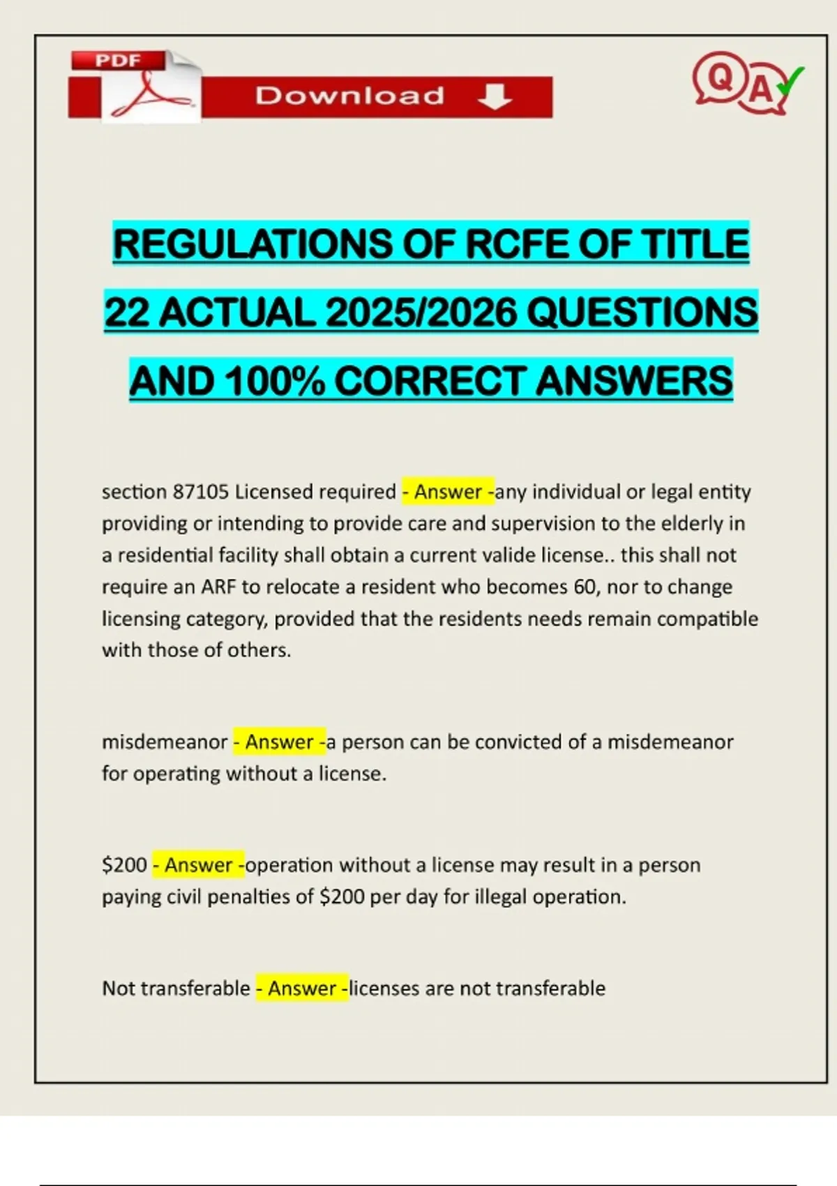 REGULATIONS OF RCFE OF TITLE 22 ACTUAL 2025/2026 QUESTIONS AND 100% ...