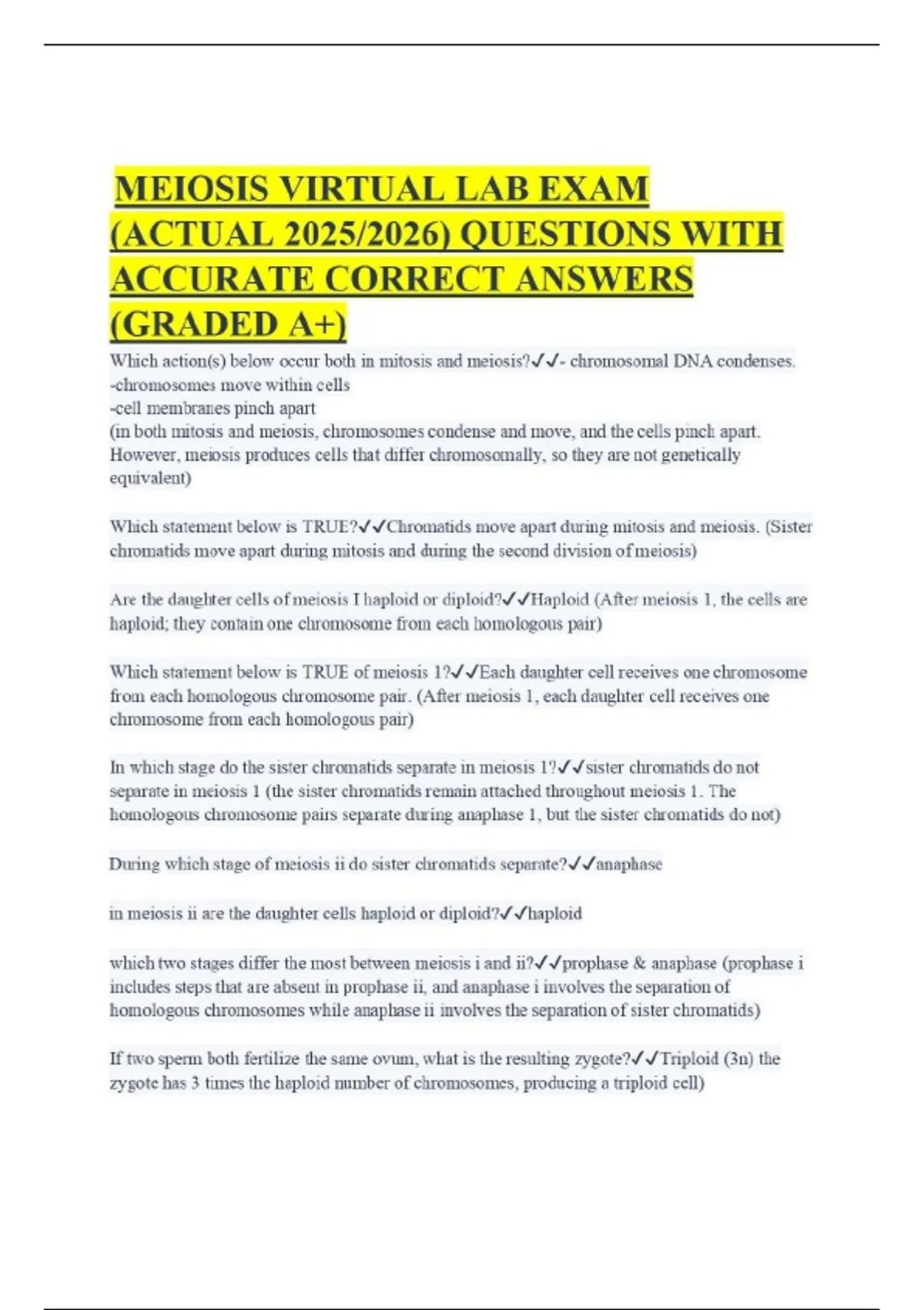 MEIOSIS VIRTUAL LAB EXAM (ACTUAL 2025/2026) QUESTIONS WITH ACCURATE ...
