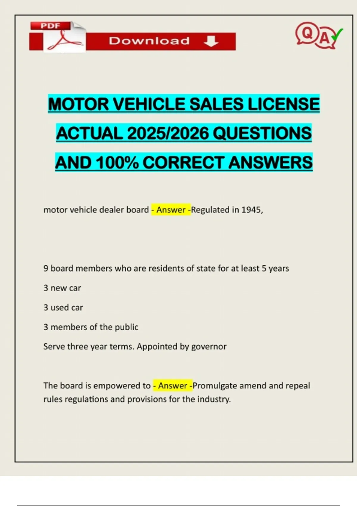 MOTOR VEHICLE SALES LICENSE ACTUAL 2025/2026 QUESTIONS AND 100% CORRECT ...