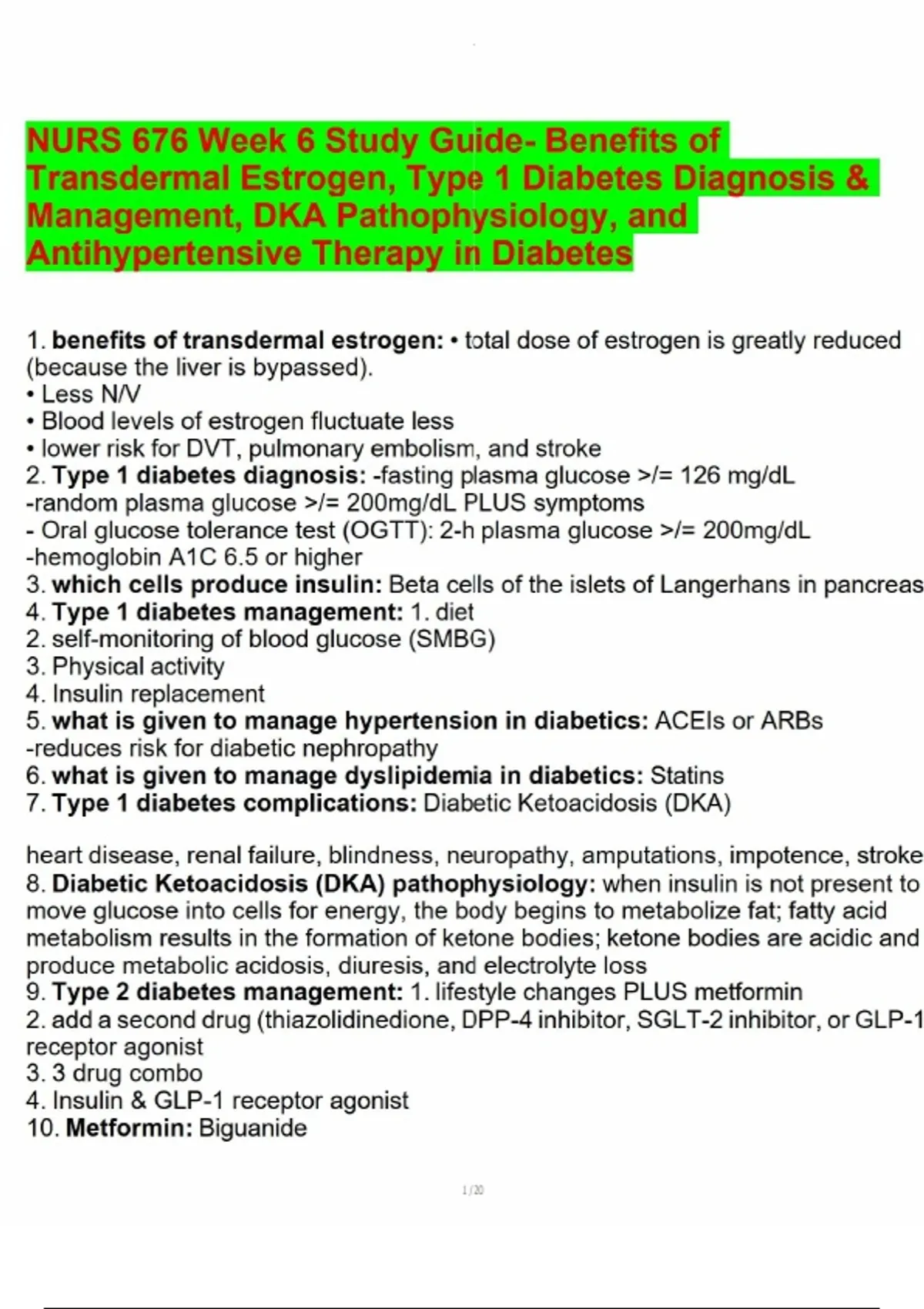 NURS 676 Week 6 Study Guide- Benefits of Transdermal Estrogen, Type 1 ...