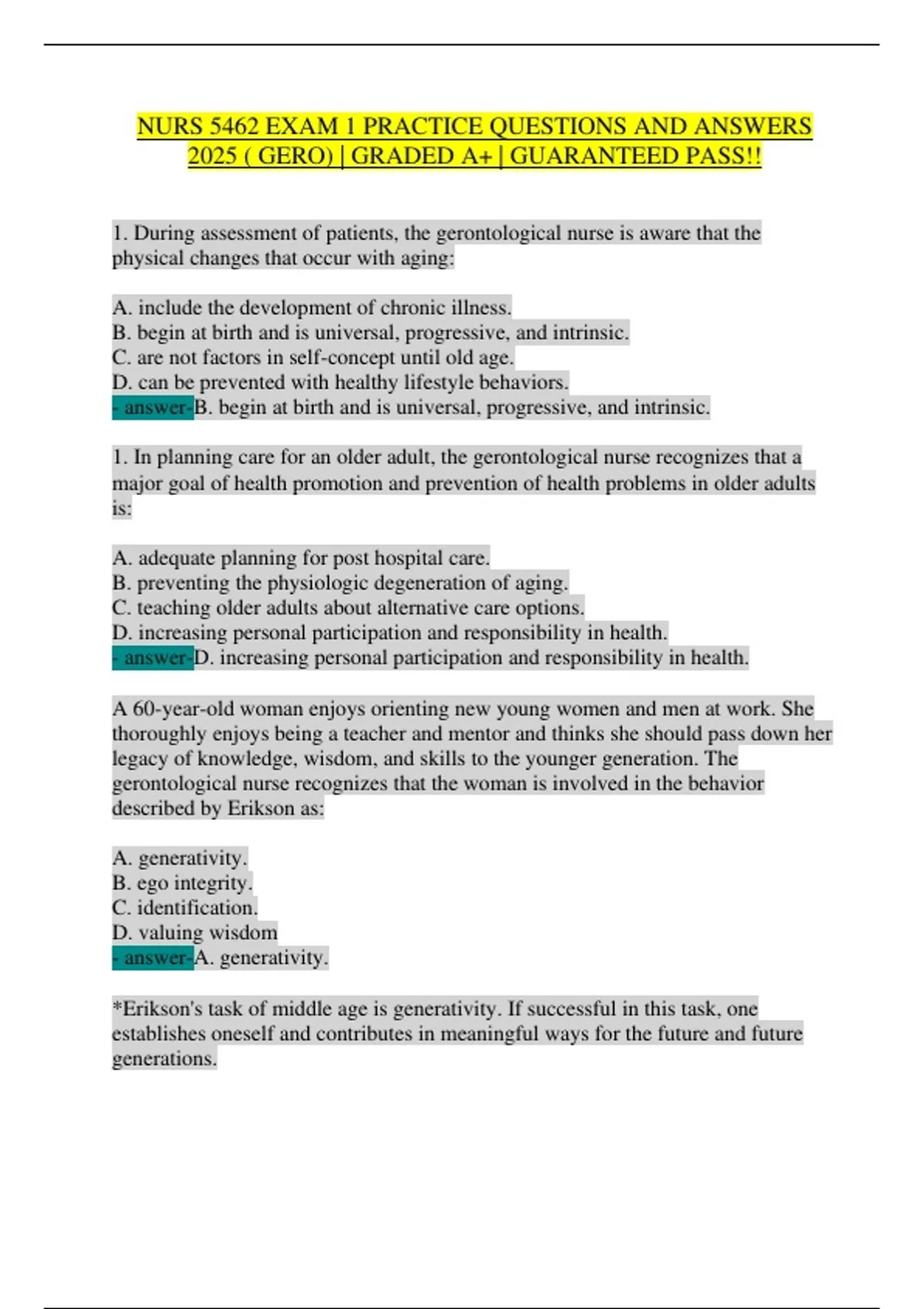 NURS 5462 Gerontological Nursing Exam 1 Practice Questions & Answers ...