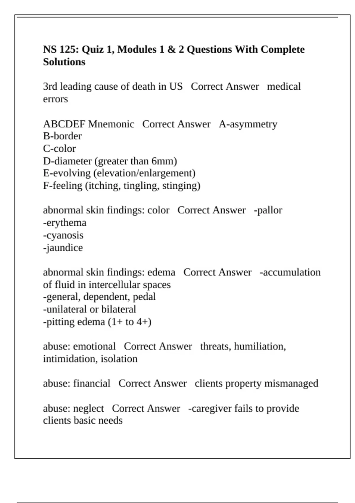 NS 125: Quiz 1, Modules 1 & 2 Questions With Complete Solutions - NS ...