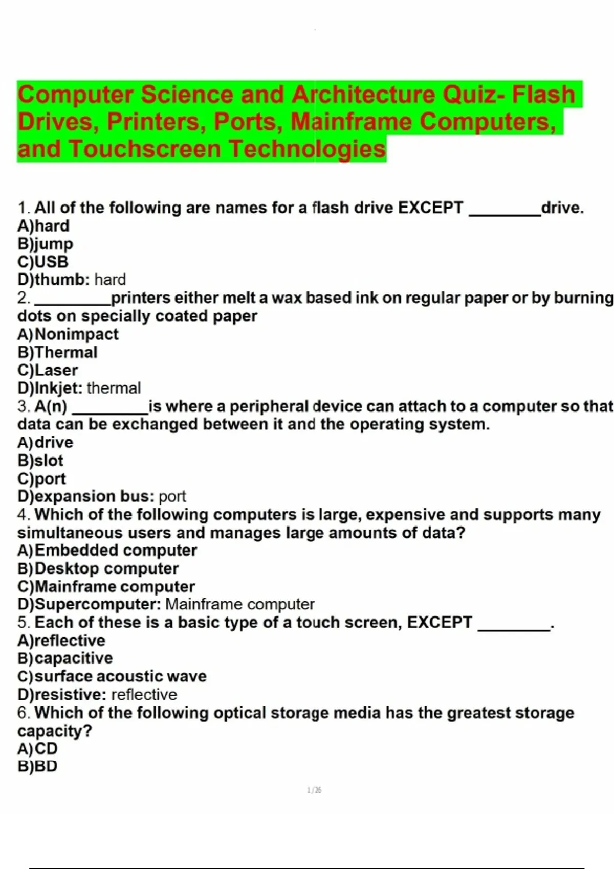 Computer Science and Architecture Quiz- Flash Drives, Printers, Ports ...