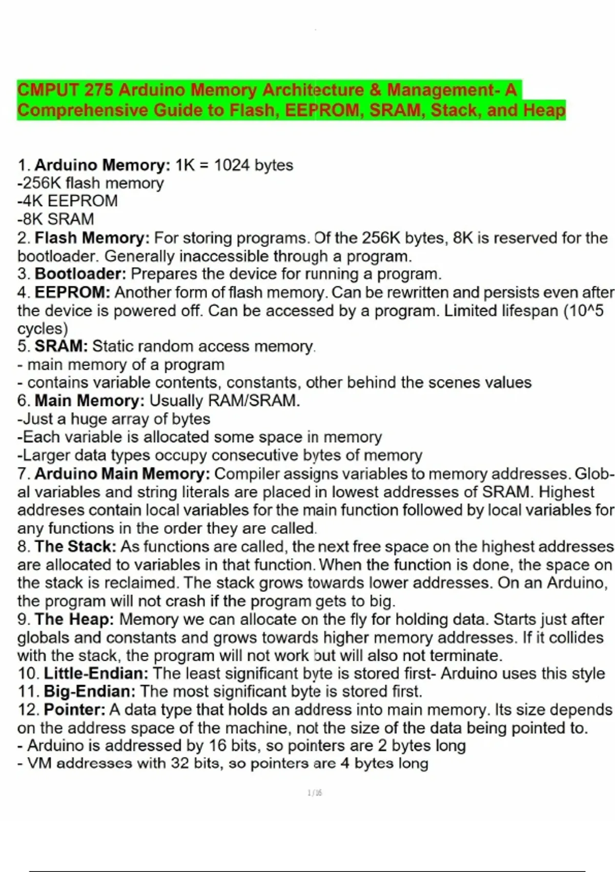 CMPUT 275 Arduino Memory Architecture & Management- A Comprehensive ...