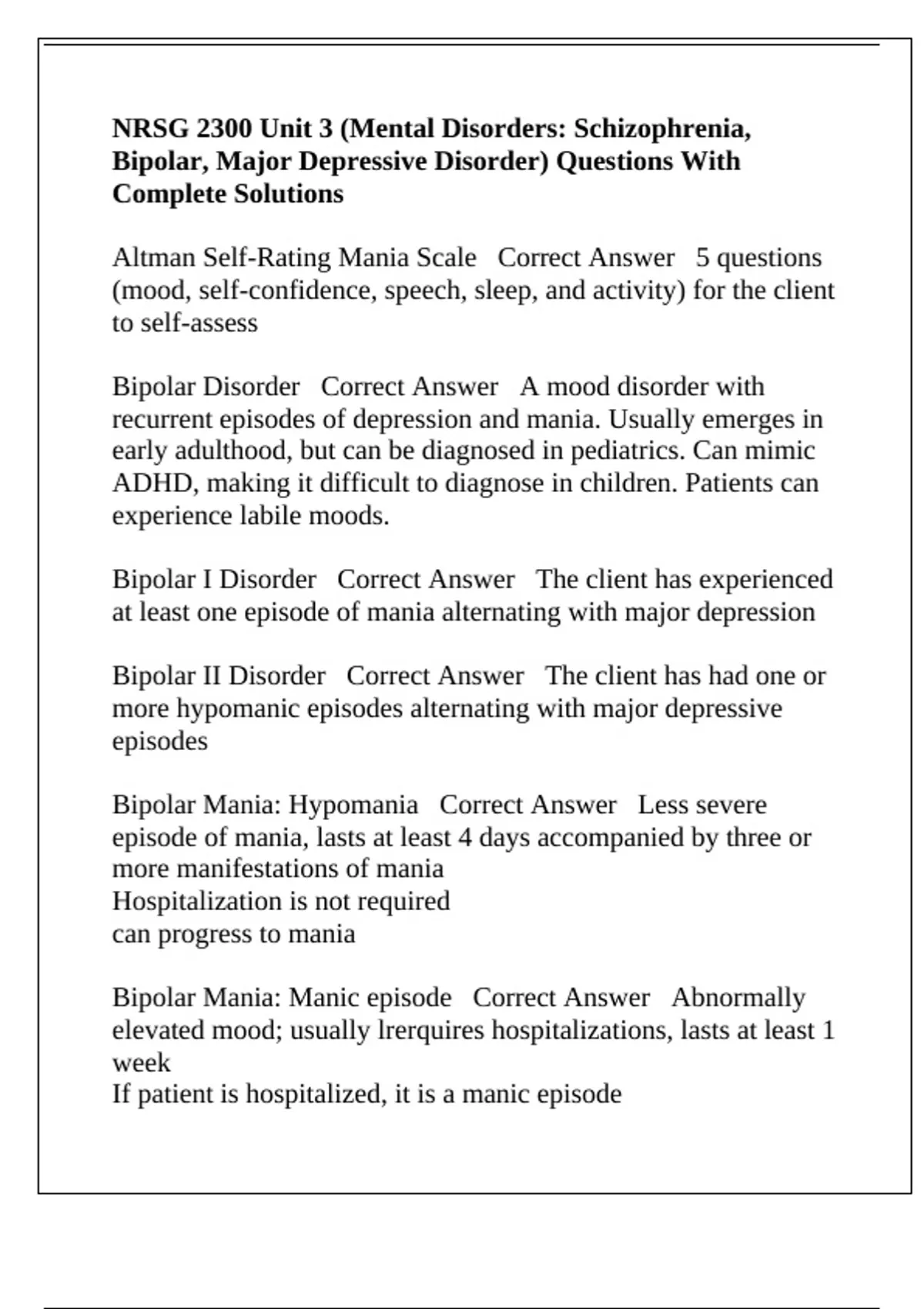 NRSG 2300 Unit 3 (Mental Disorders: Schizophrenia, Bipolar, Major ...