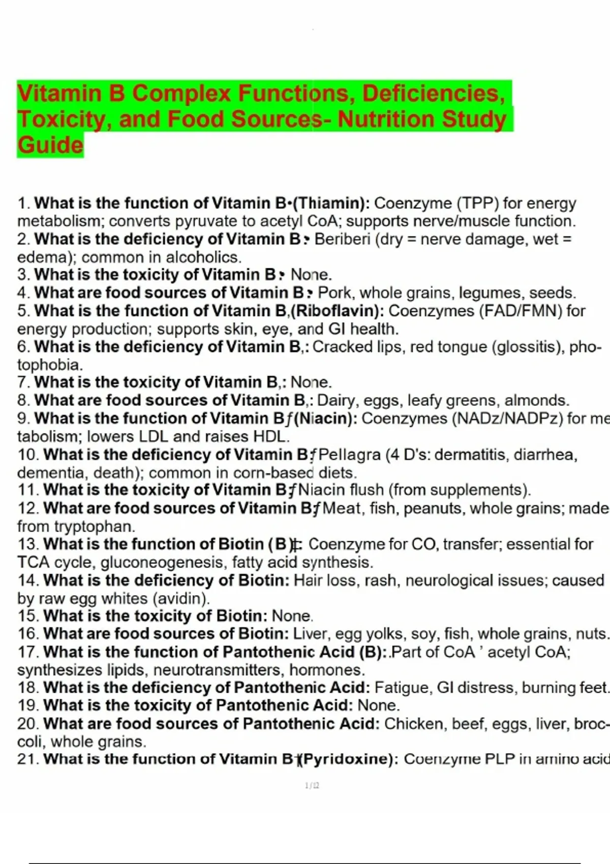 Vitamin B Complex Functions, Deficiencies, Toxicity, and Food Sources- Nutrition Study Guide.pdf ...
