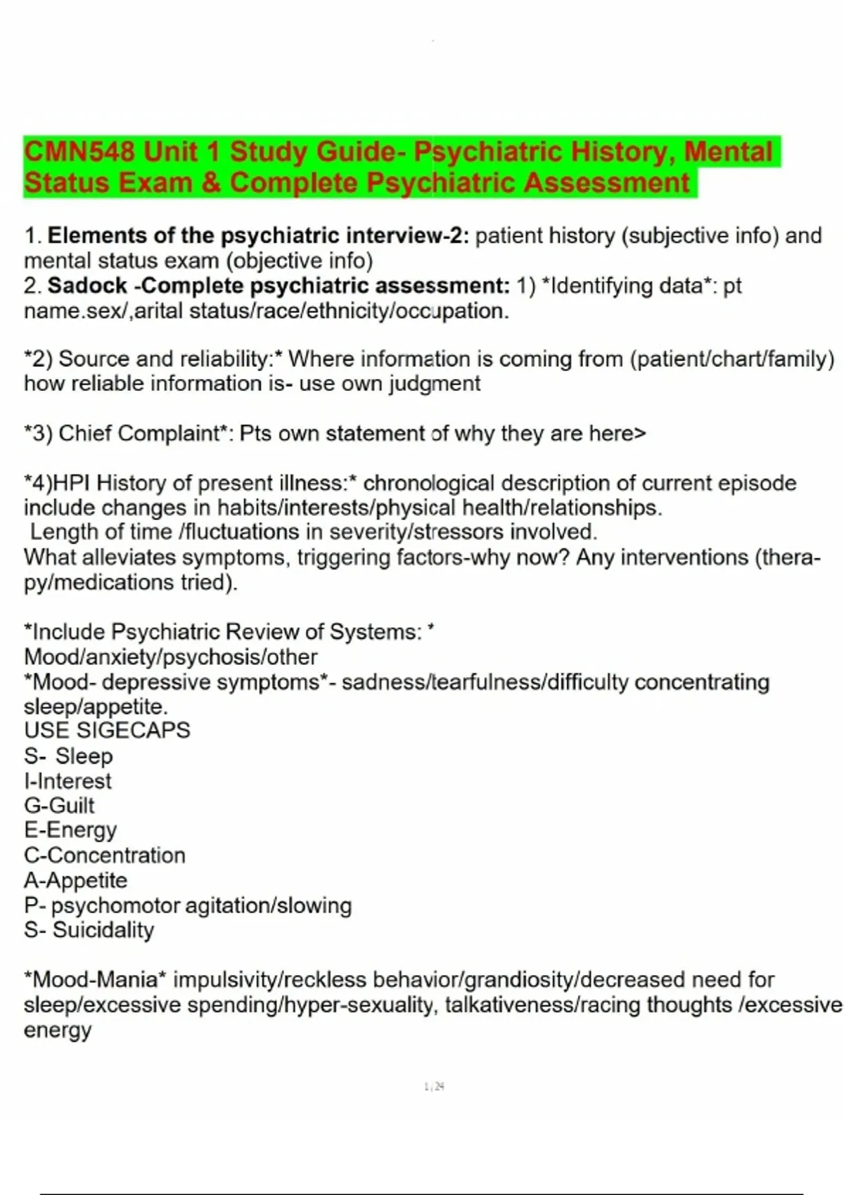 CMN548 Unit 1 Study Guide- Psychiatric History, Mental Status Exam ...